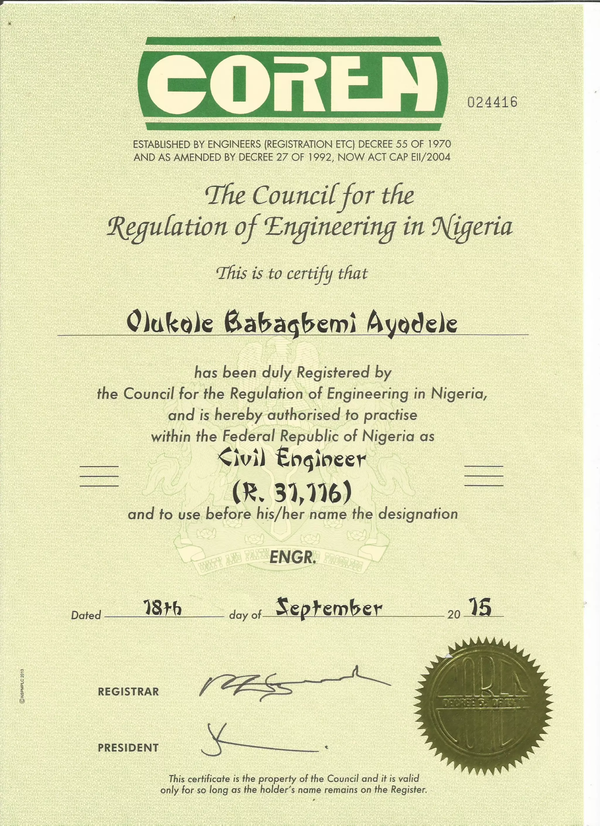 AYODELE OLUKOLE's COREN Certificate | PDF