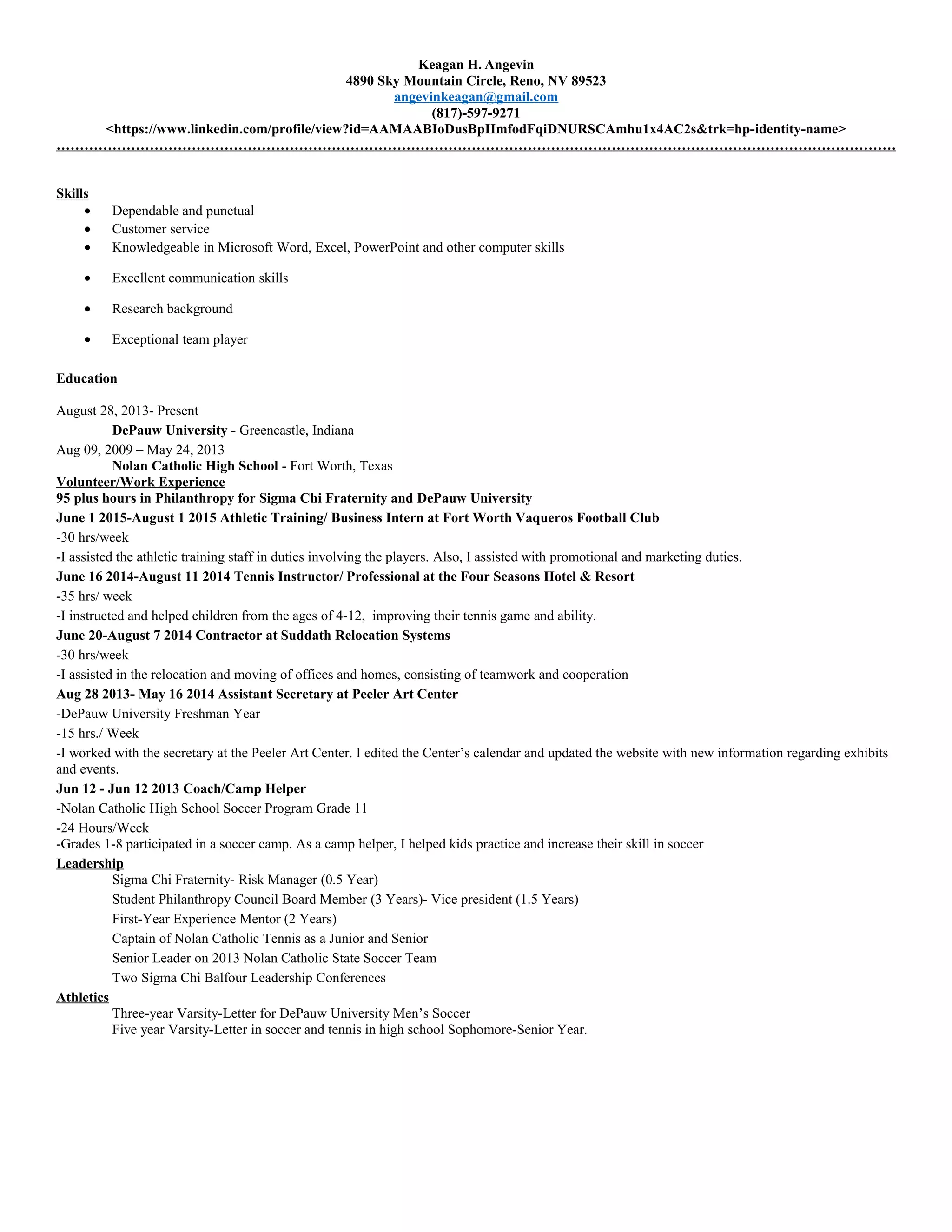 Keagan H Angevin Resume | DOC
