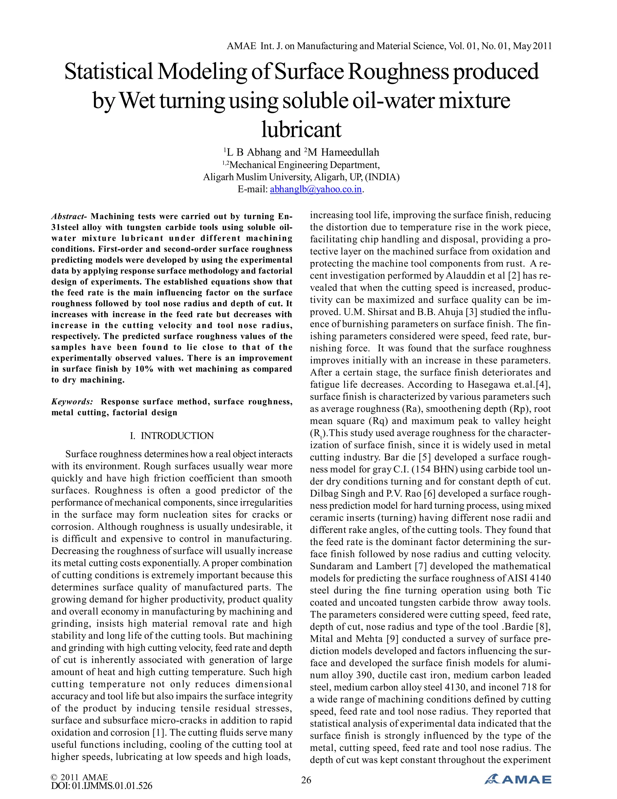 Statistical Modeling of Surface Roughness produced by Wet turning using soluble oil-water ...
