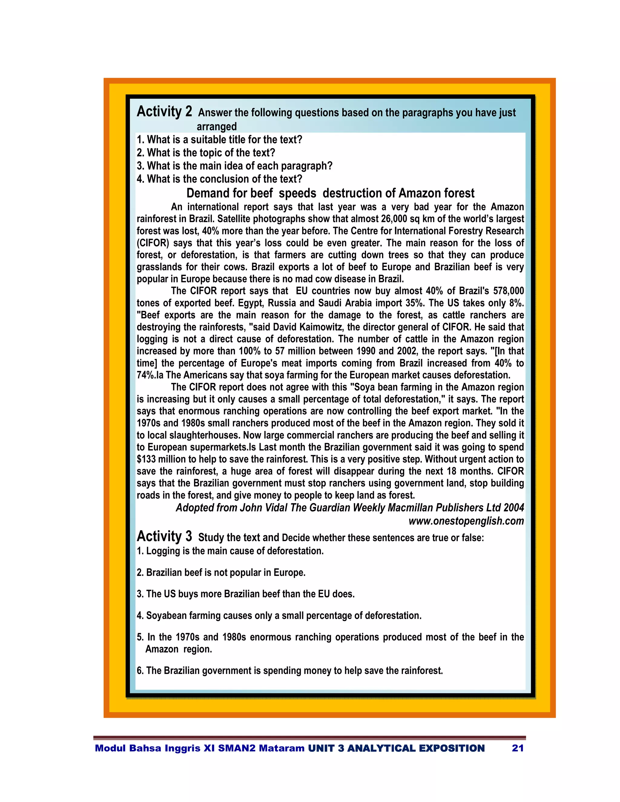 MODUL BAHASA INGGRIS XI UNIT 3 Analytical Exposition | PDF