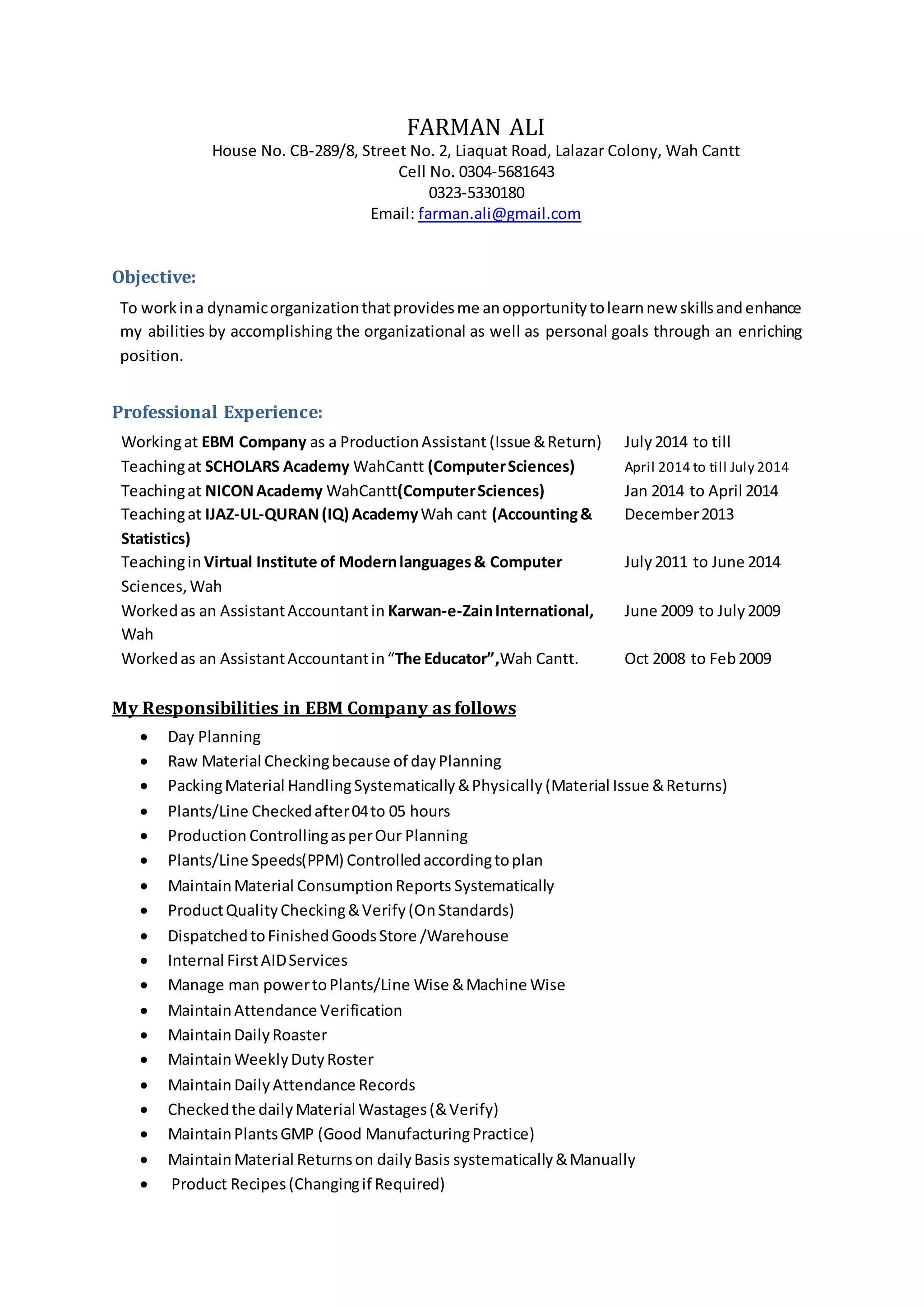 Farman Ali CV | DOCX