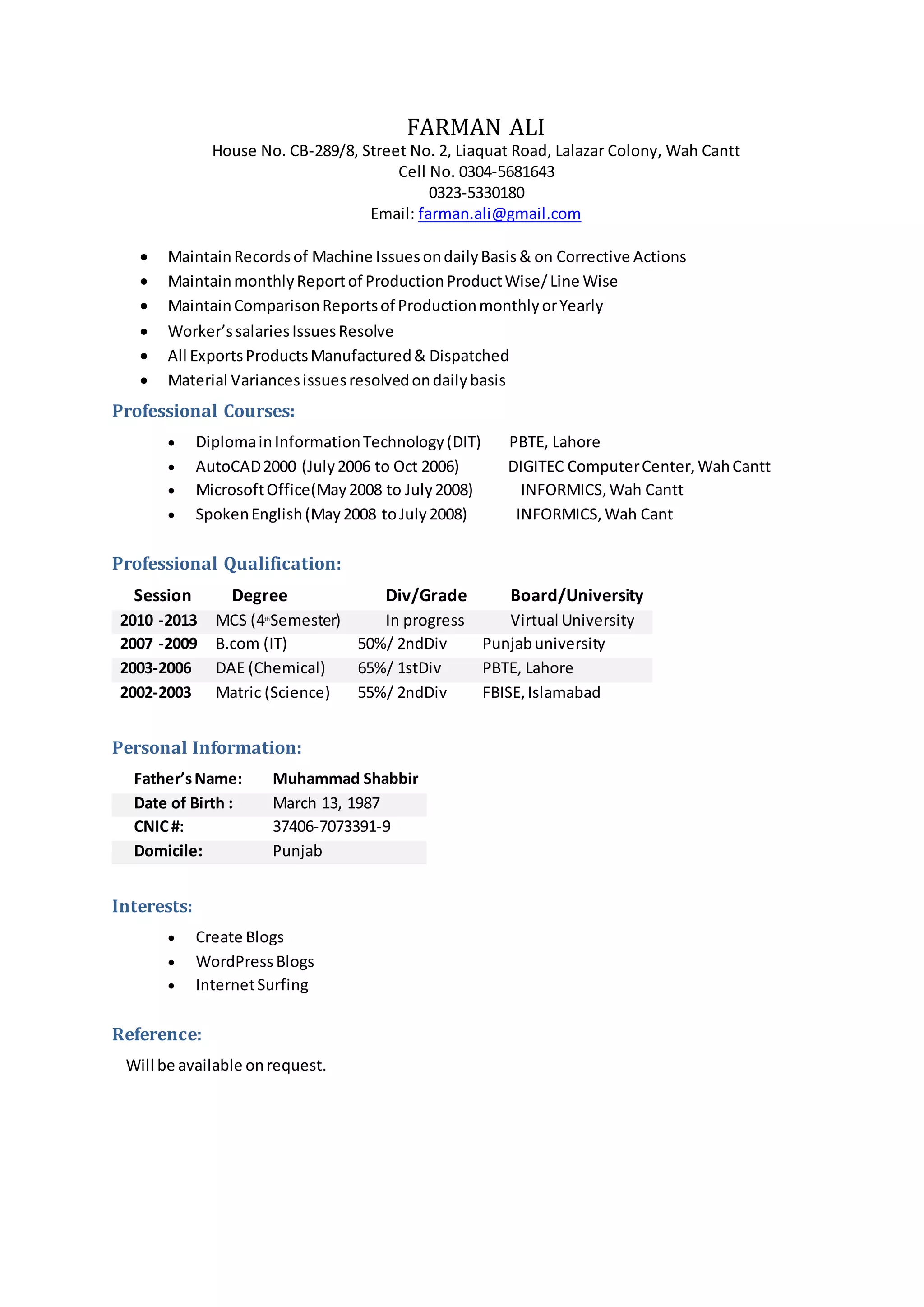 Farman Ali CV | DOCX