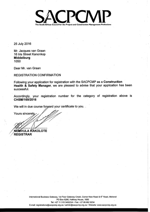 SACPCMP Registration Confirmation Letter J van Graan | PDF