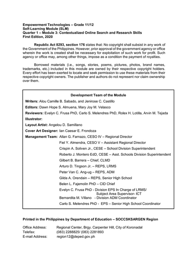 Empowerment Technologies Quarter 1 – Module 3: Contextualized Online Search and Research Skills ...