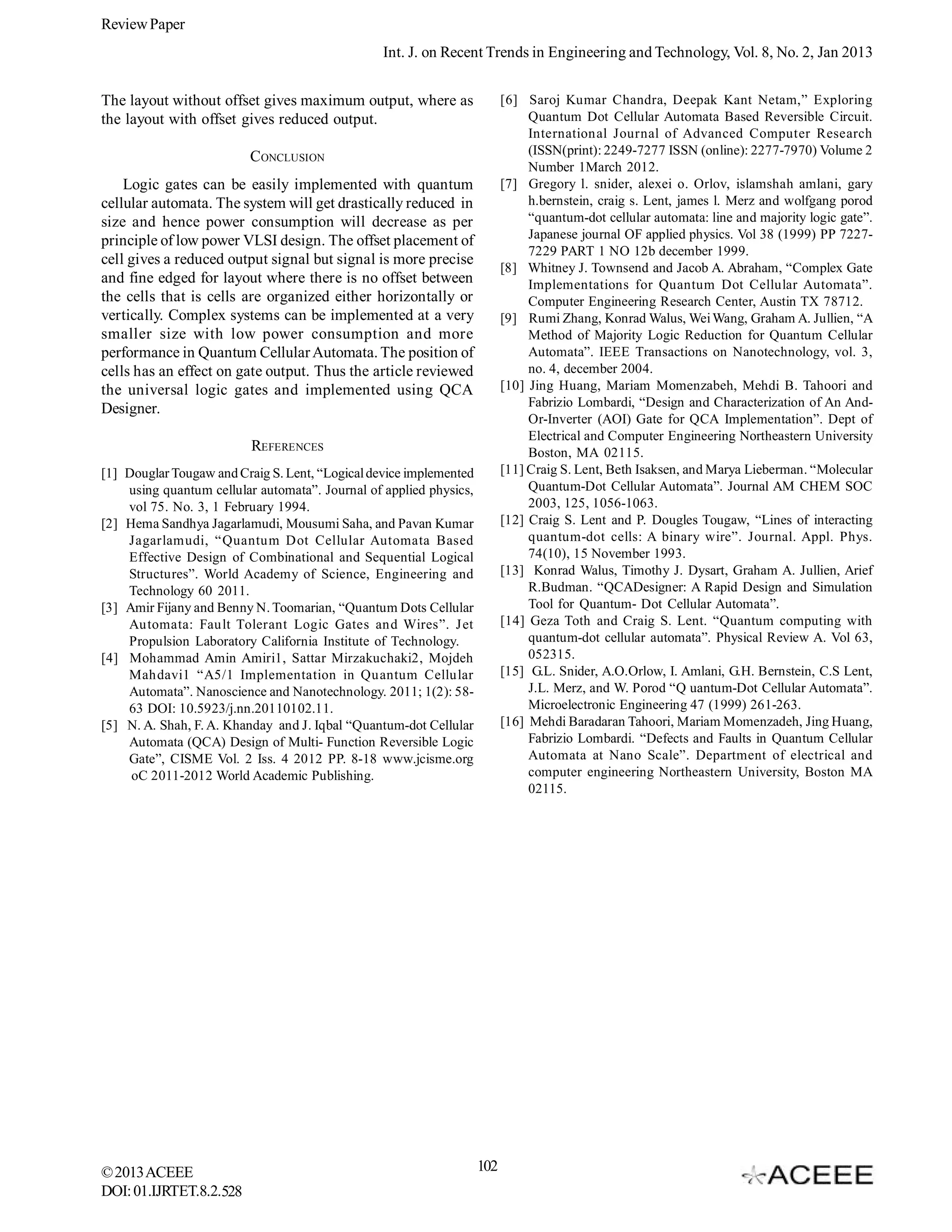 Study of Logic Gates Using Quantum Cellular Automata | PDF