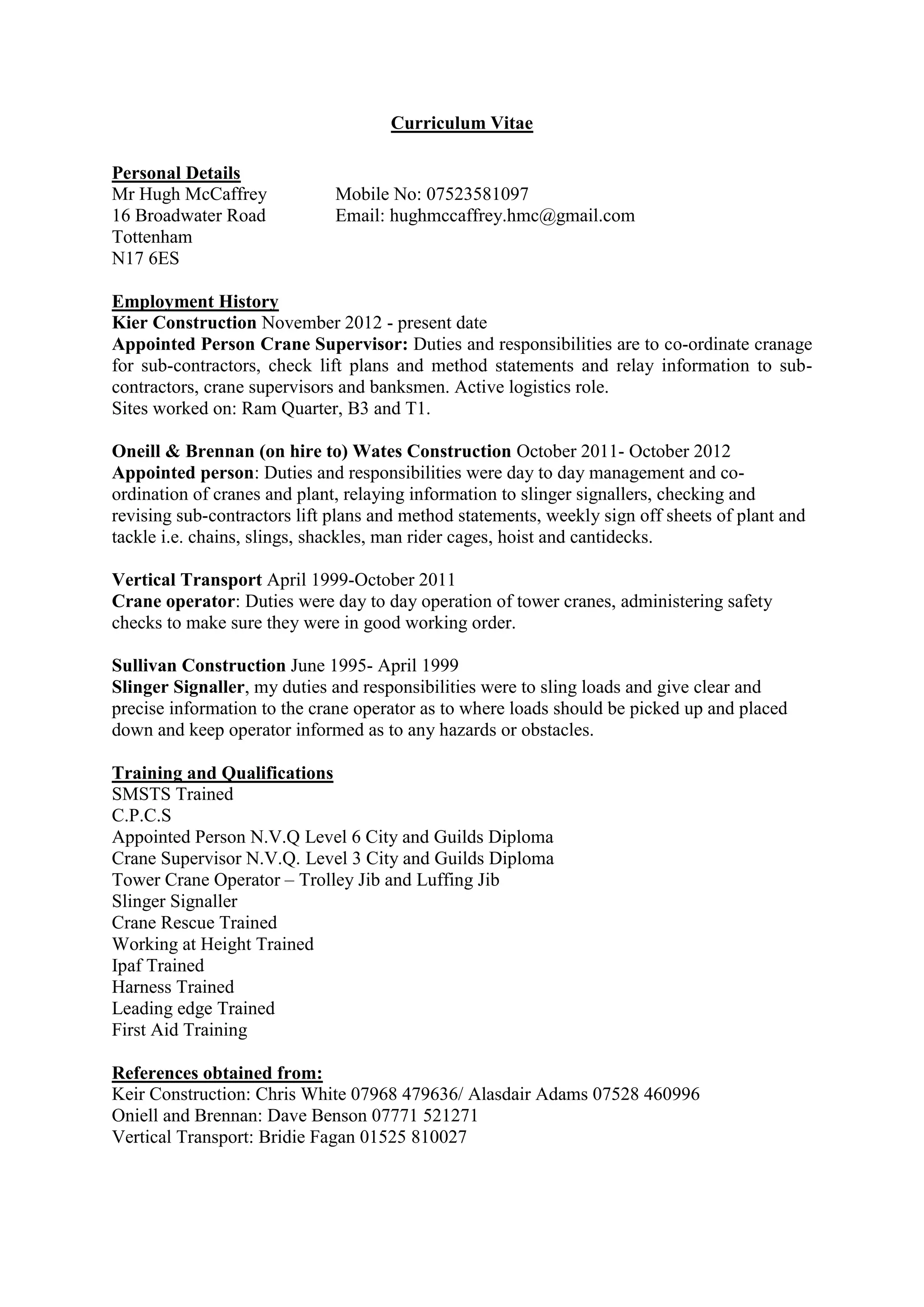 Mr Hugh McCaffrey cv | PDF