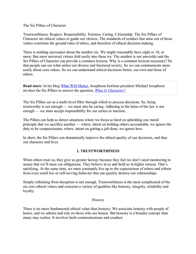 The Six Pillars of Character | PDF | Family and Relationships