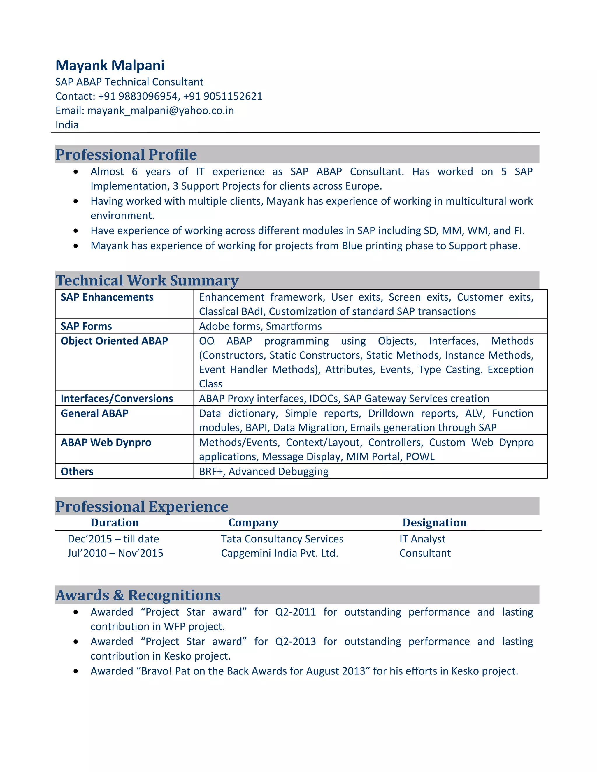 CV_SAP Abap Technical Consultant_Mayank Malpani | PDF