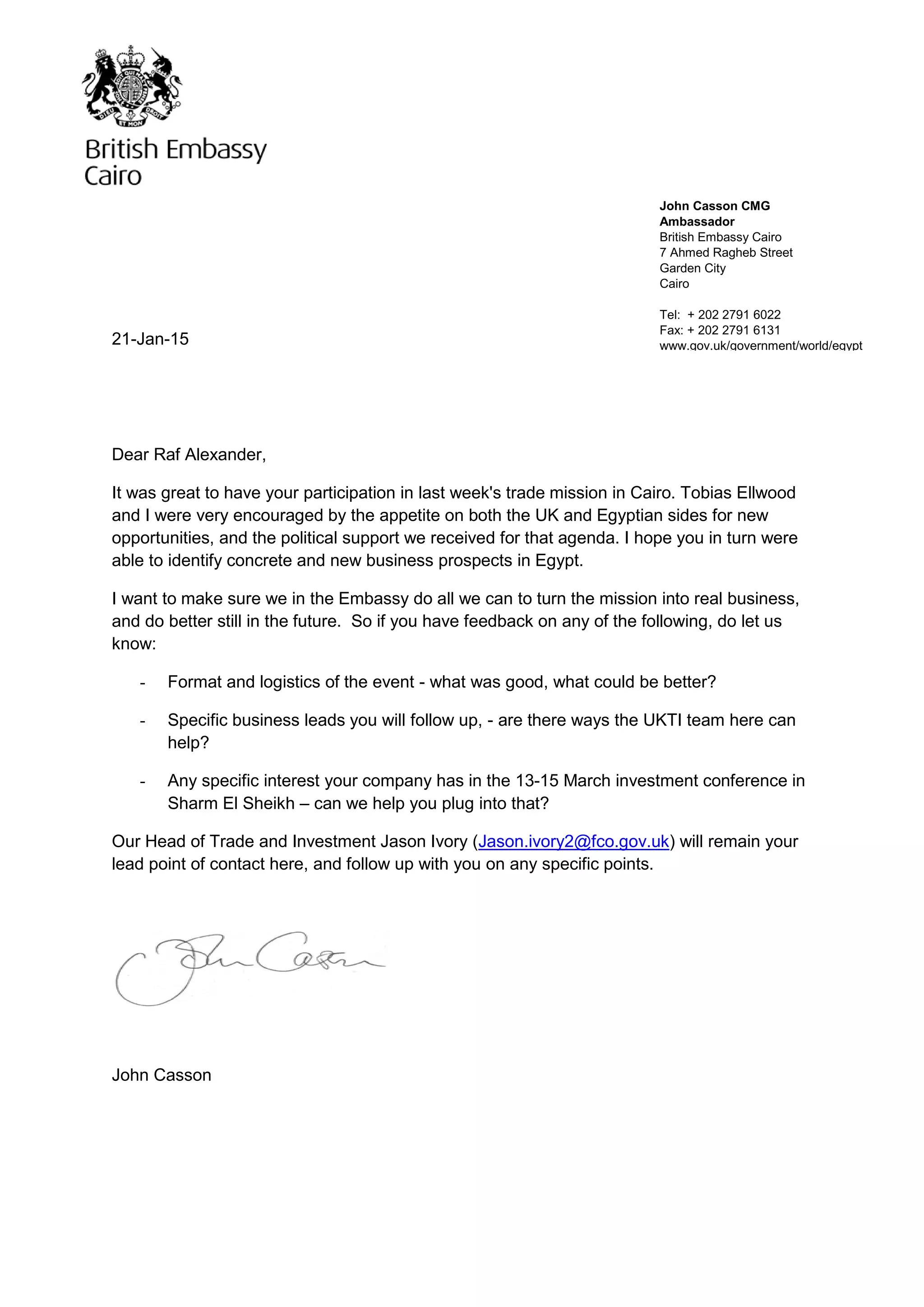Thank you Letter to trade delegates - Raf Alexander | PDF