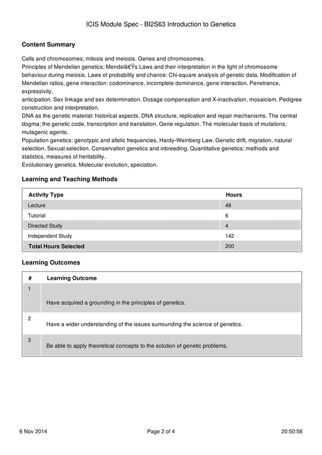 ICIS Module Spec - BI2S63 Introduction to Genetics | PDF