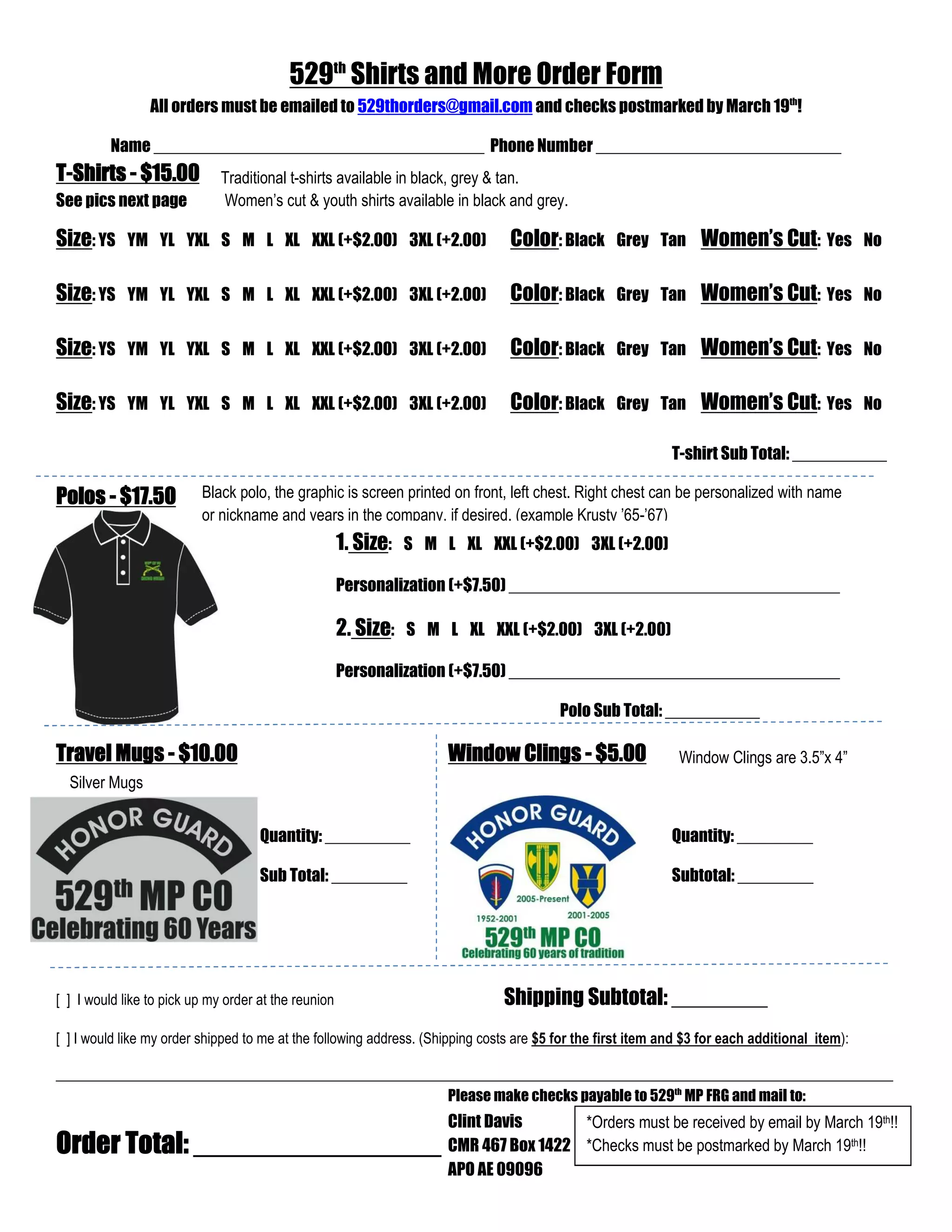 529th shirts and more order form stateside | PDF