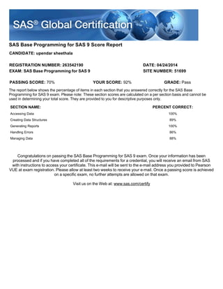 Upendar Base SAS Certification Score Report | PDF