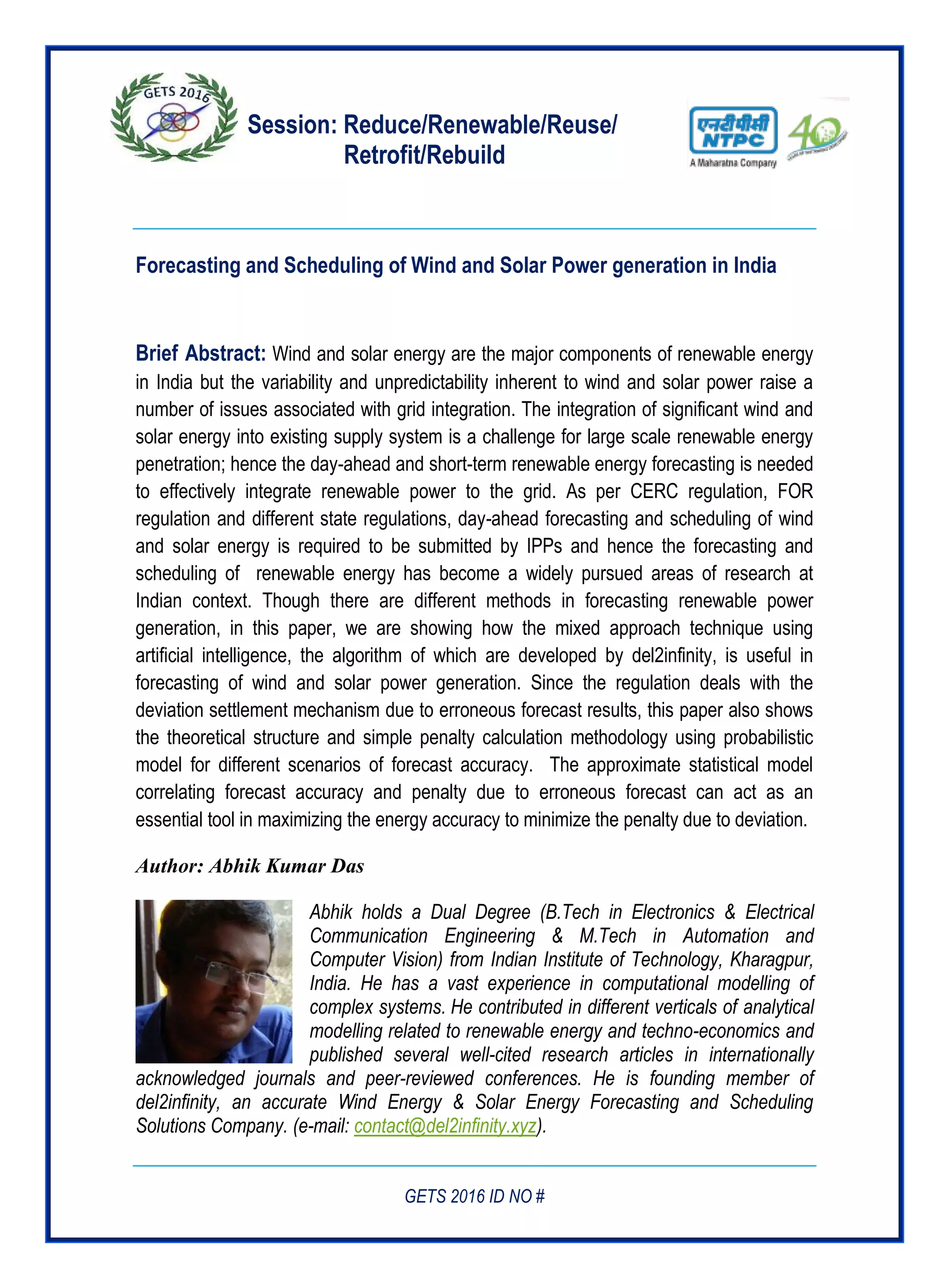 Forecasting and Scheduling of Wind and Solar Power generation in India | PDF