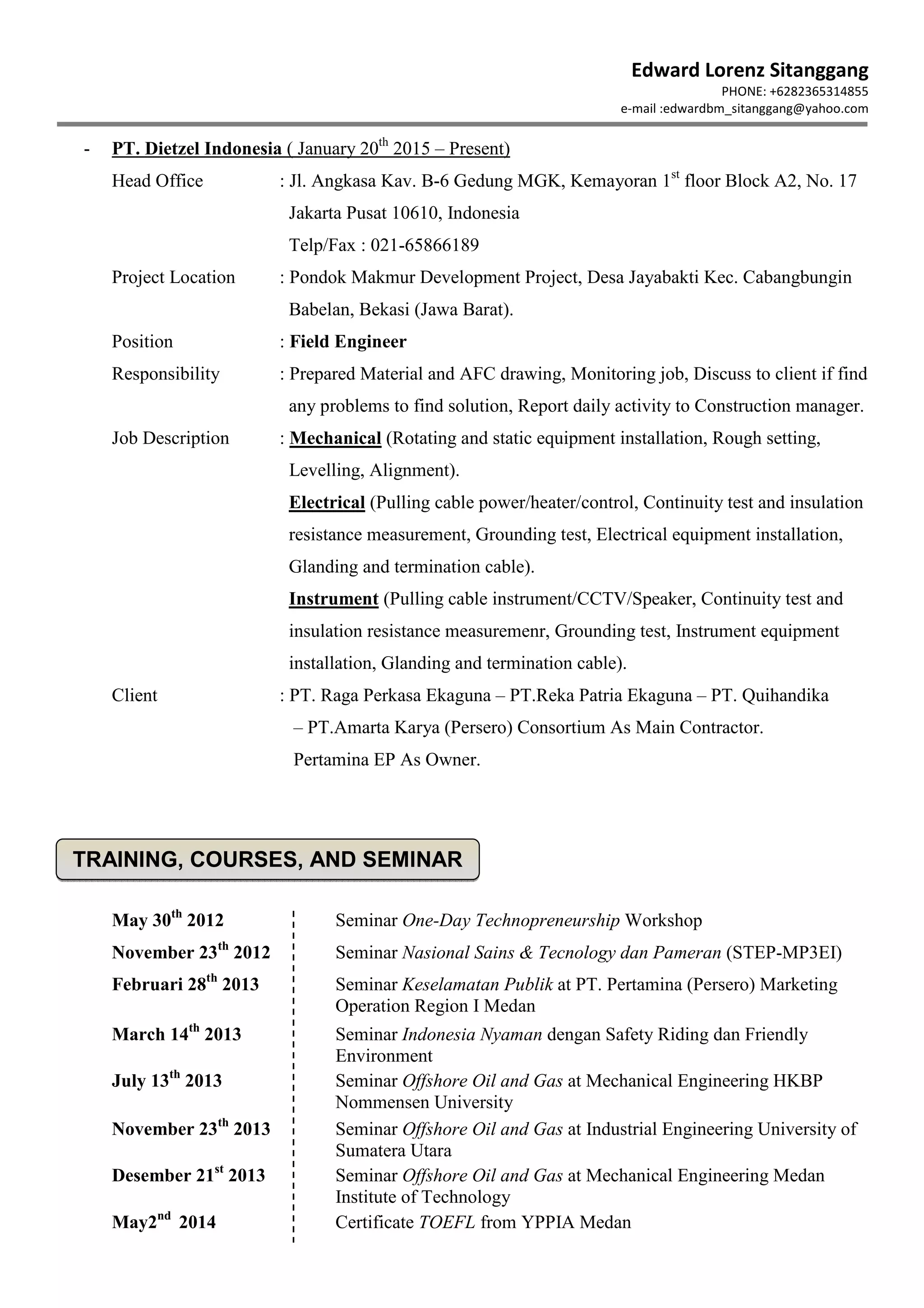 Curriculum Vitae Edward L Sitanggang | PDF | Civil Engineering Industry ...