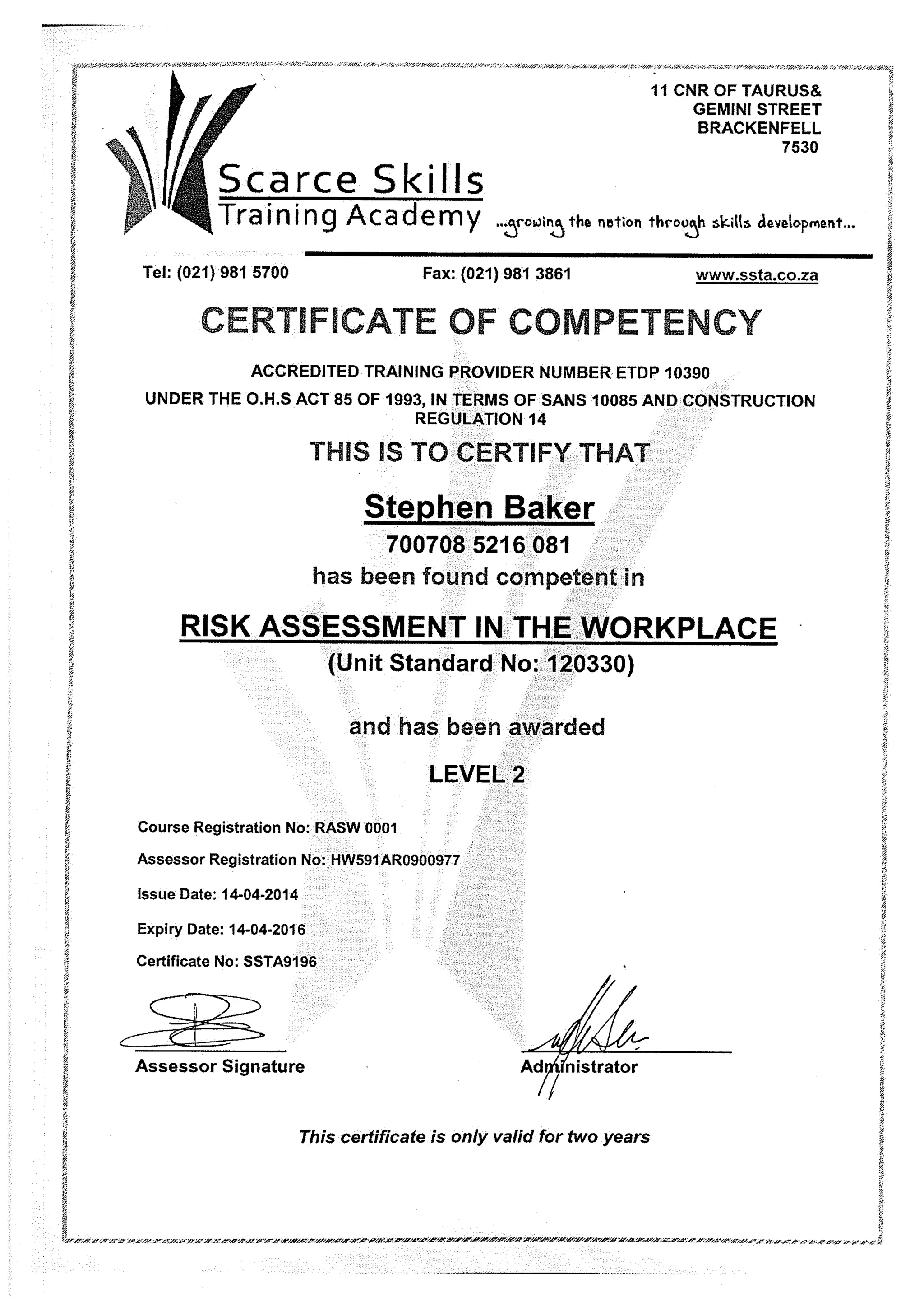 Stephen Risk assessment cert | PDF