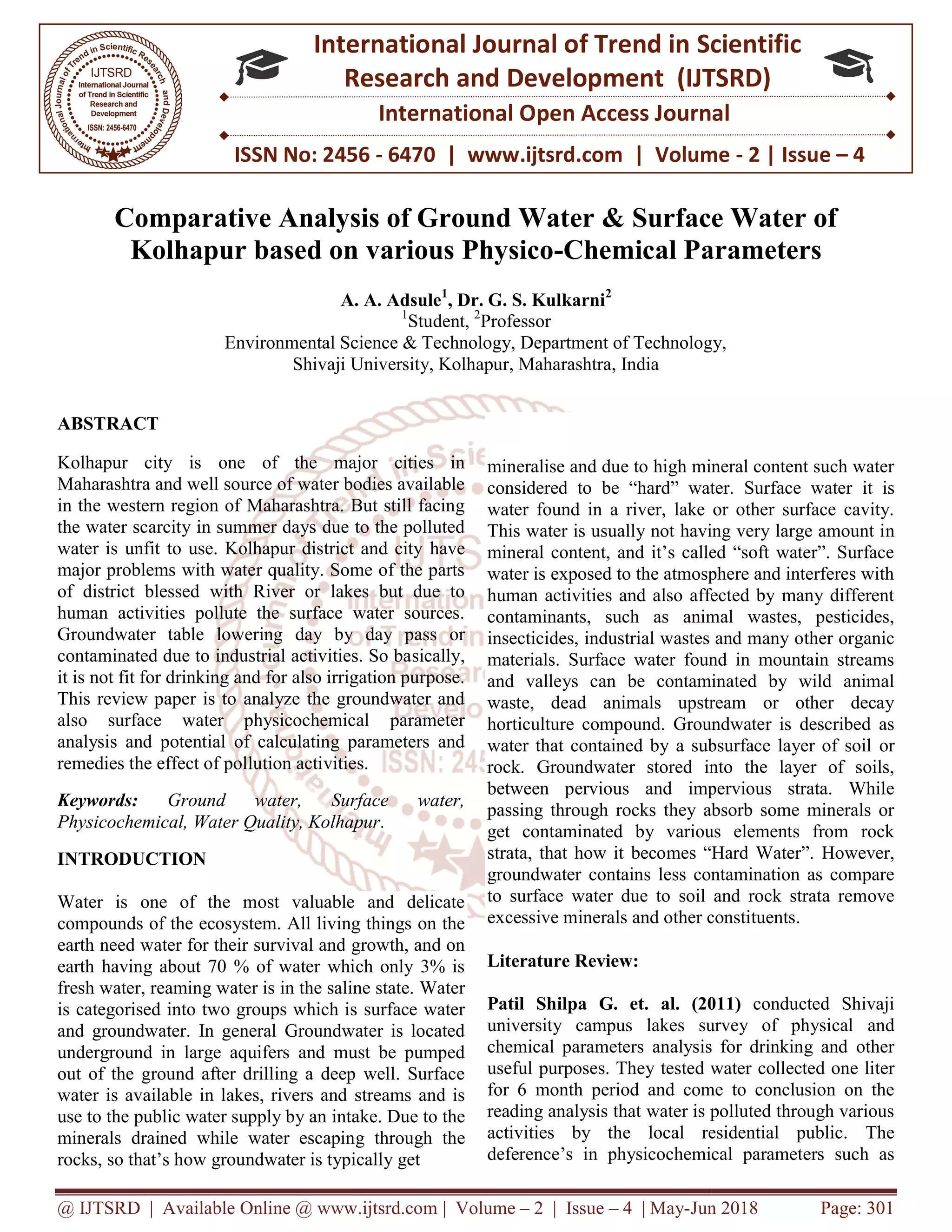 Comparative Analysis of Ground Water & Surface Water of Kolhapur based ...