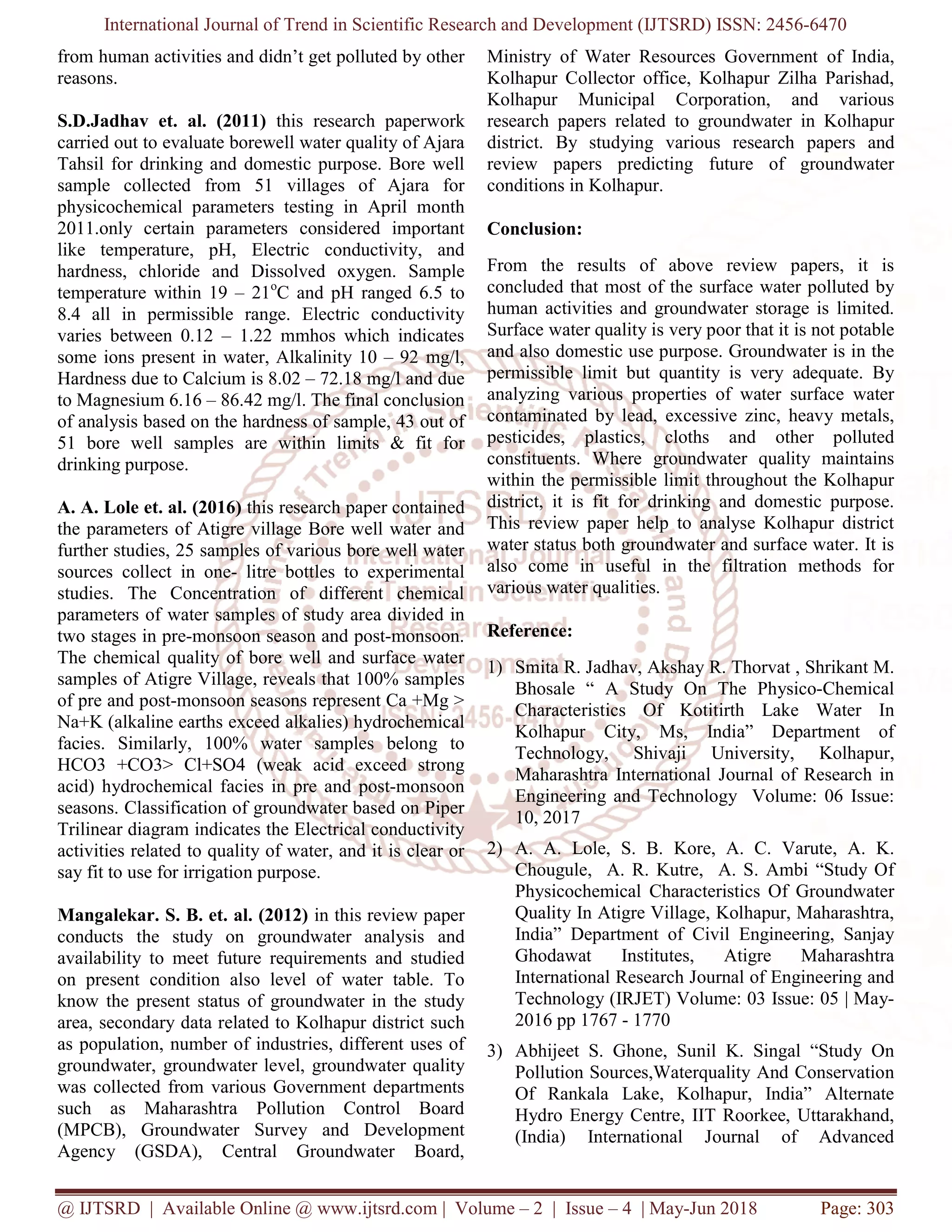 Comparative Analysis of Ground Water & Surface Water of Kolhapur based ...