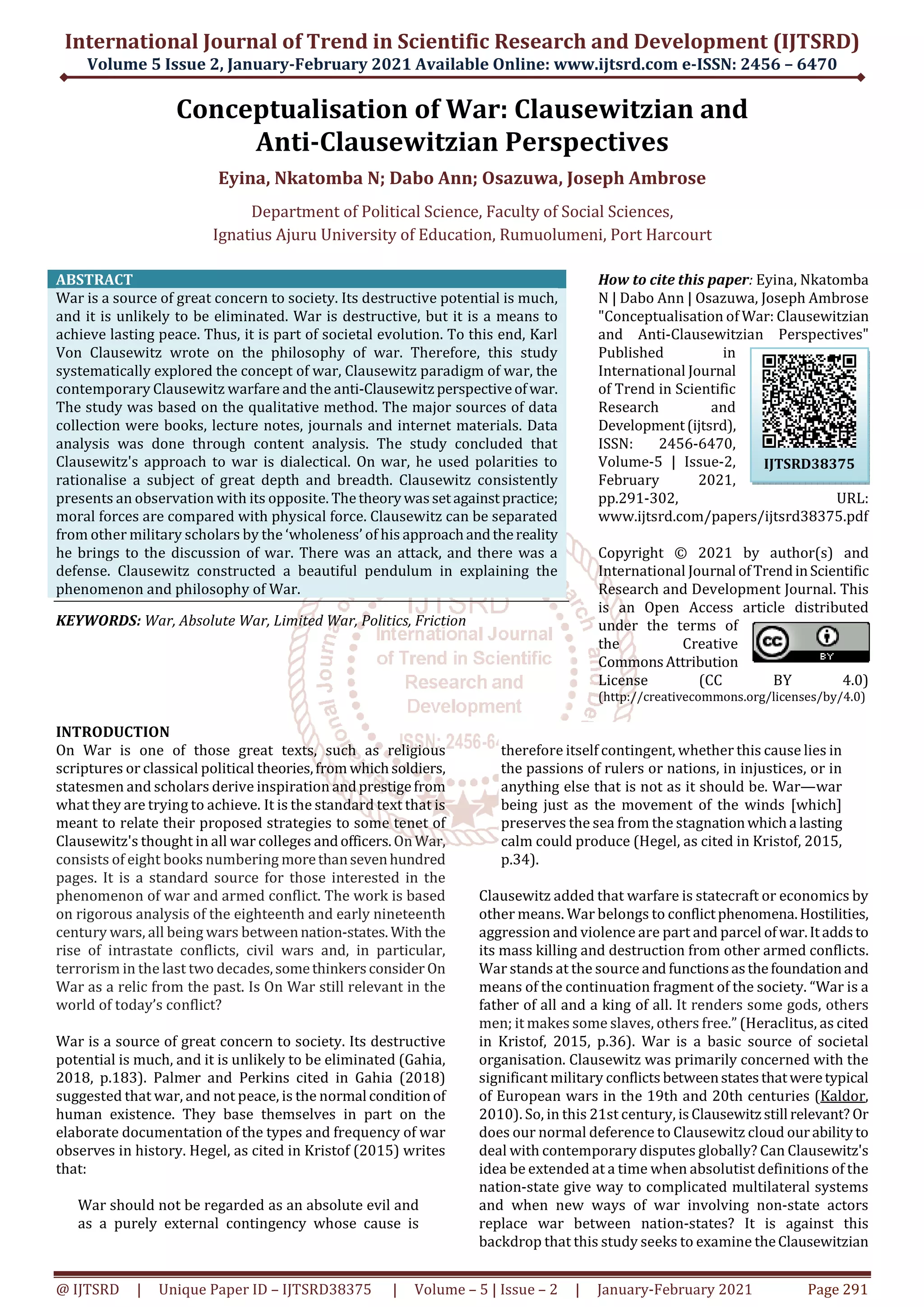 Conceptualisation of War Clausewitzian and Anti Clausewitzian ...