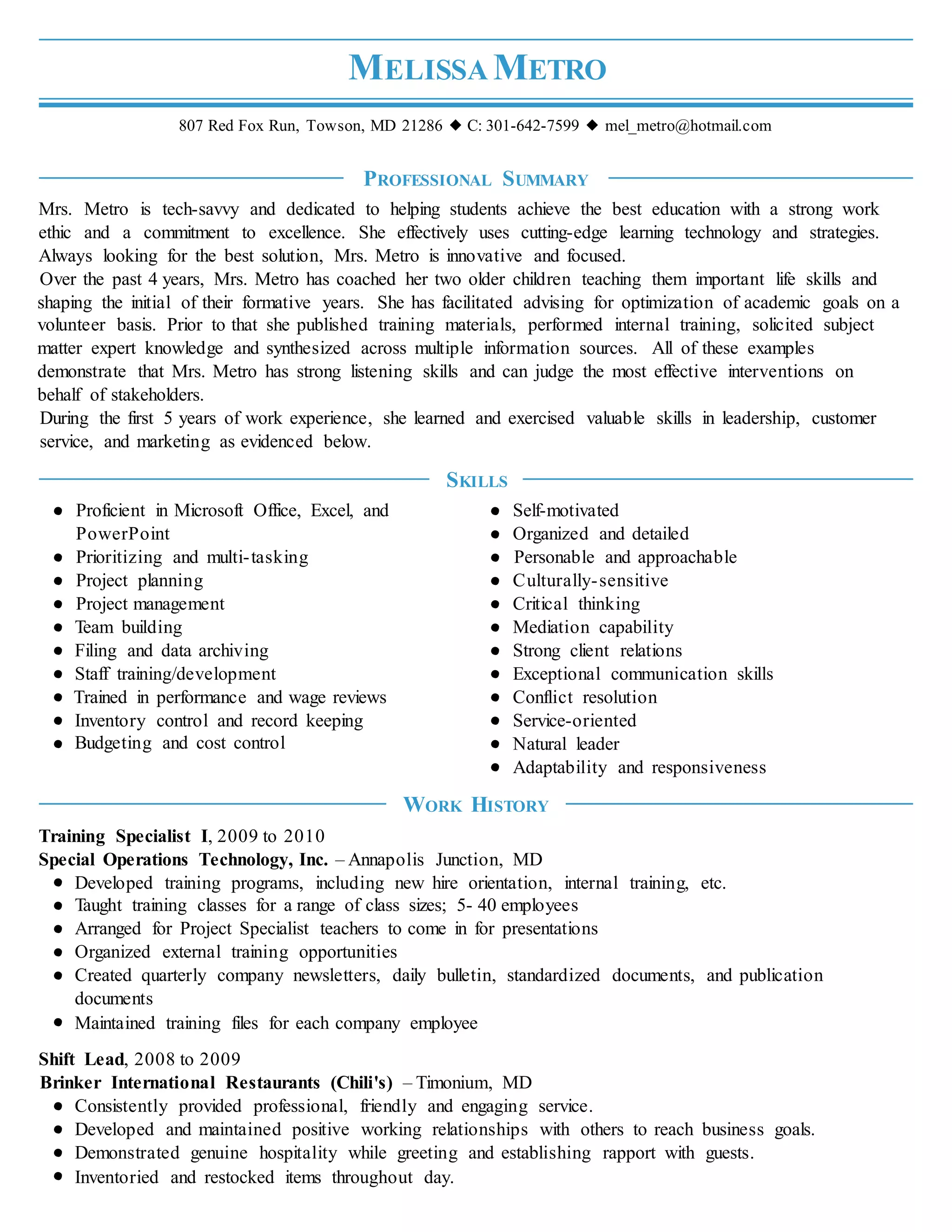 Melissa Metro Resume 1 | DOCX