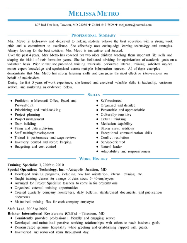 Melissa Metro Resume 1 | DOCX | Hotels and Motels | Travel Type