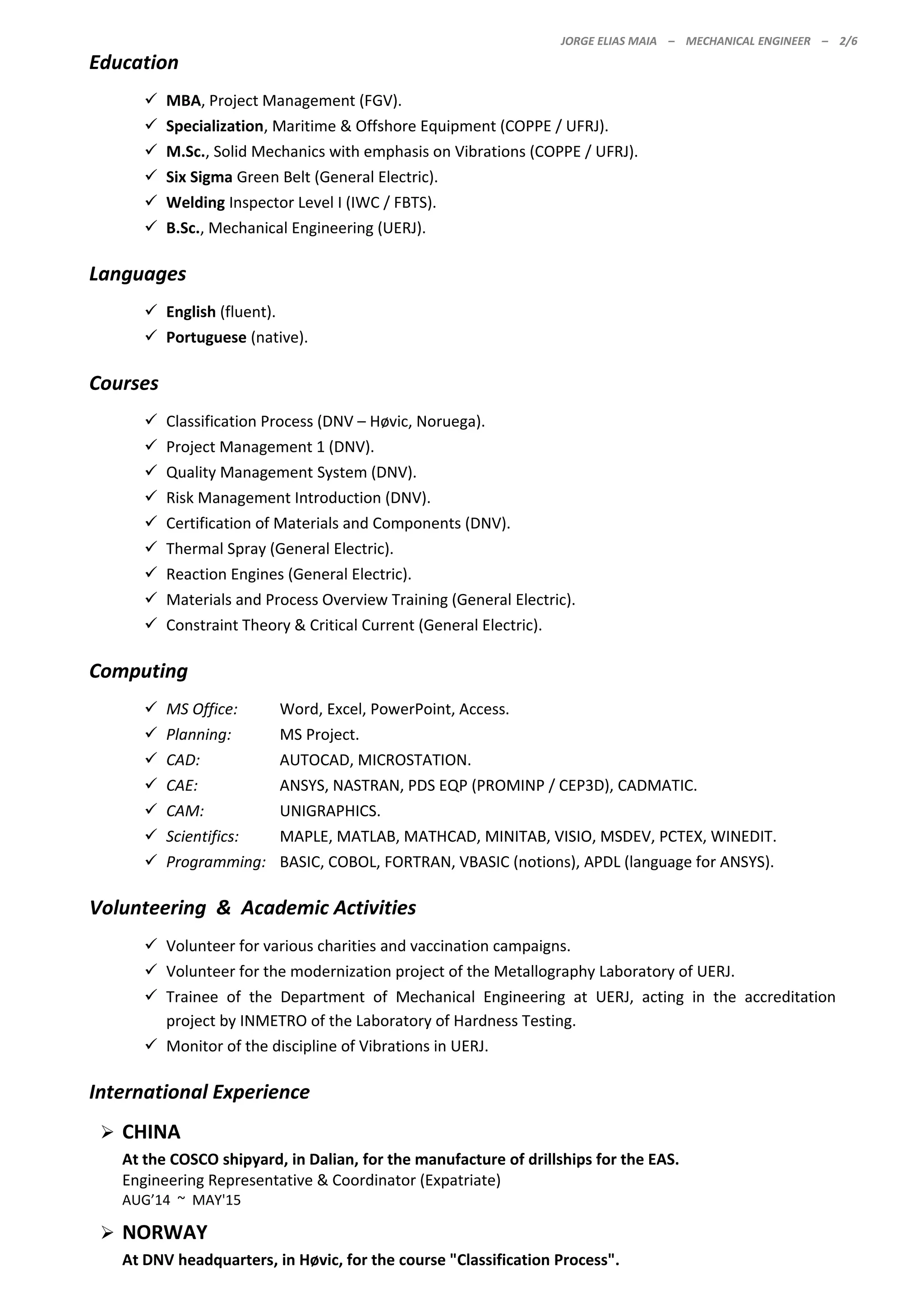 CV - Jorge Elias Maia - Mechanical Engineer | DOC