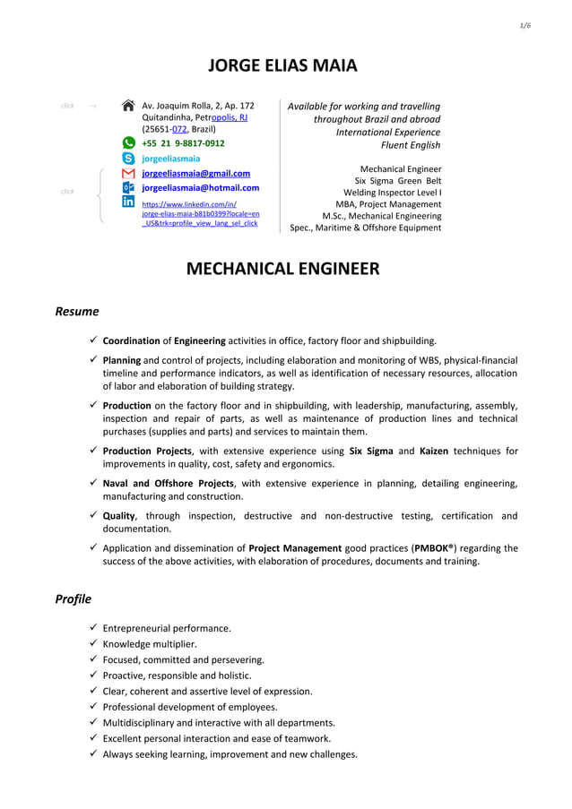 CV - Jorge Elias Maia - Mechanical Engineer | DOC | Civil Engineering ...