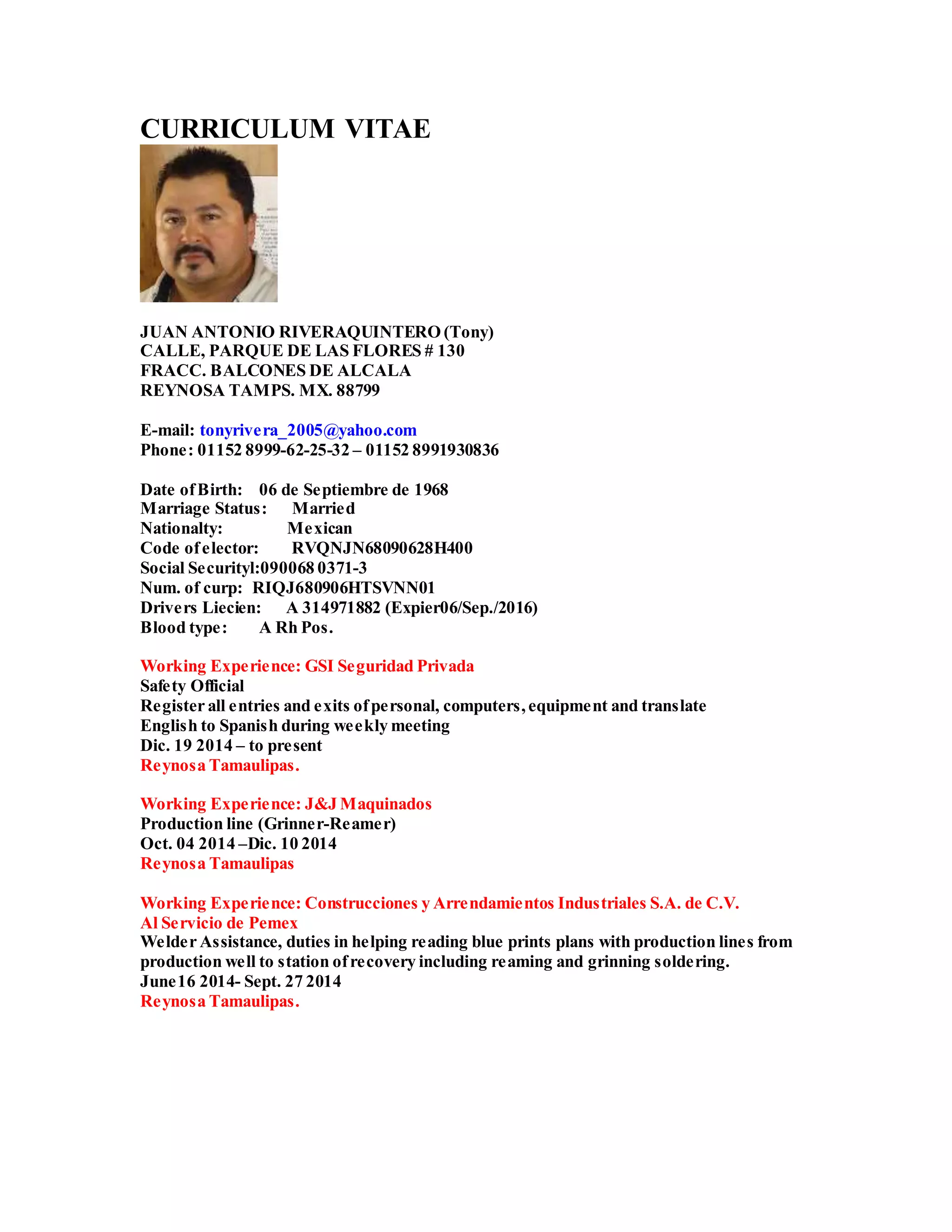 Curriculum Vitae Juan Antonio Rivera Quintero English | DOCX