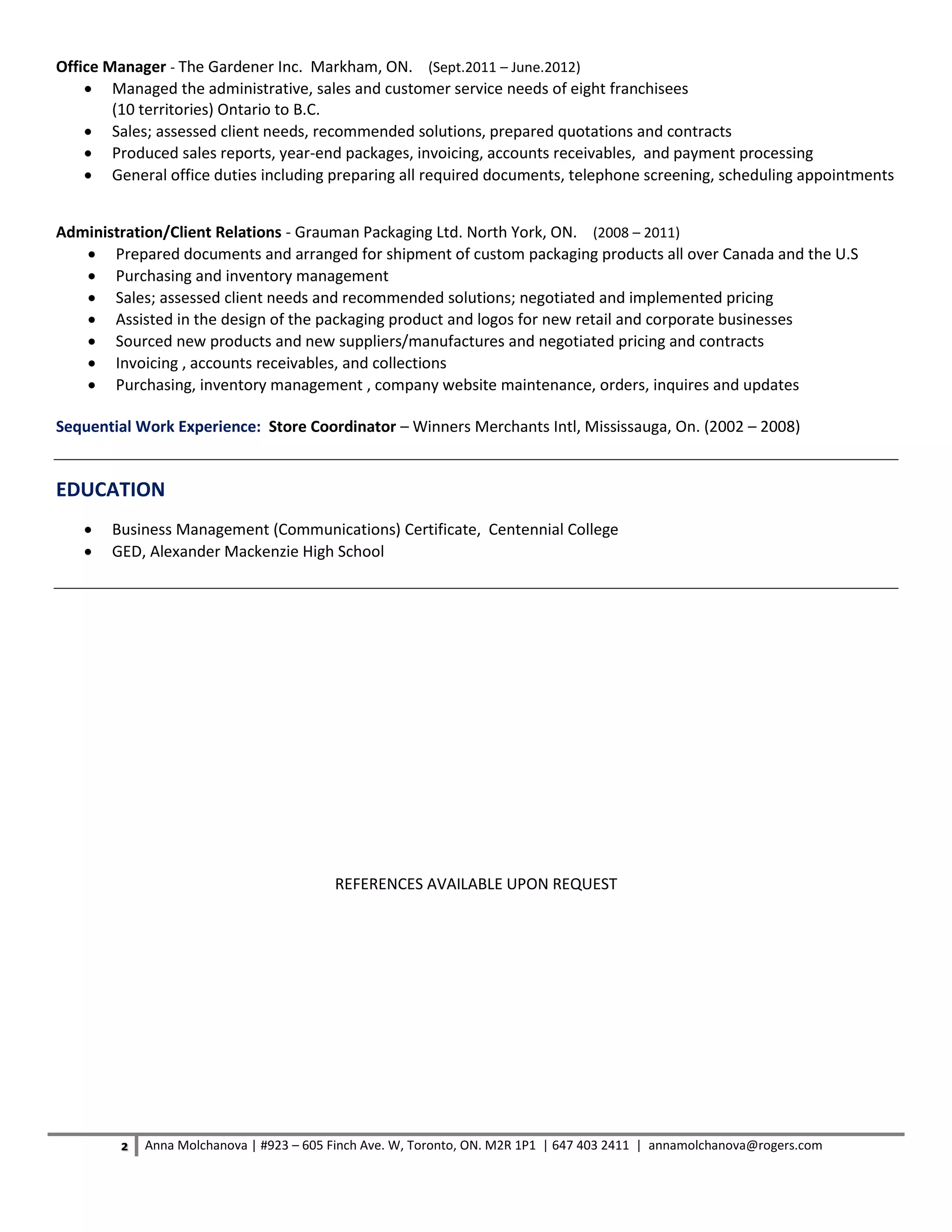 Anna Molchanova - Resume and History of Achievement | PDF | Business Administration | Business