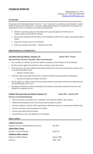 Charles Nowlin Resume' | DOC | Christianity | Religion & Spirituality