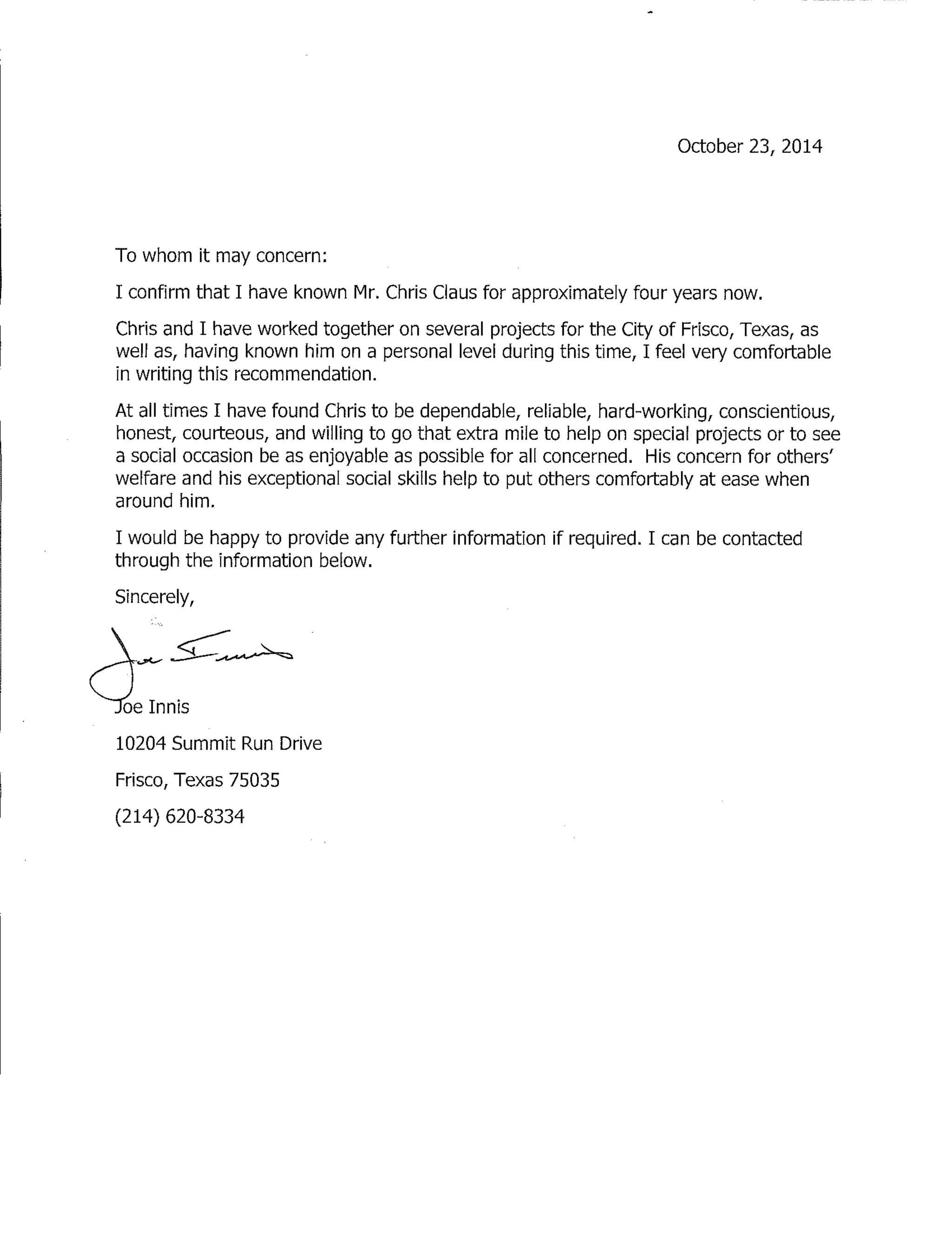 Rec Letter Joe Innis | PDF