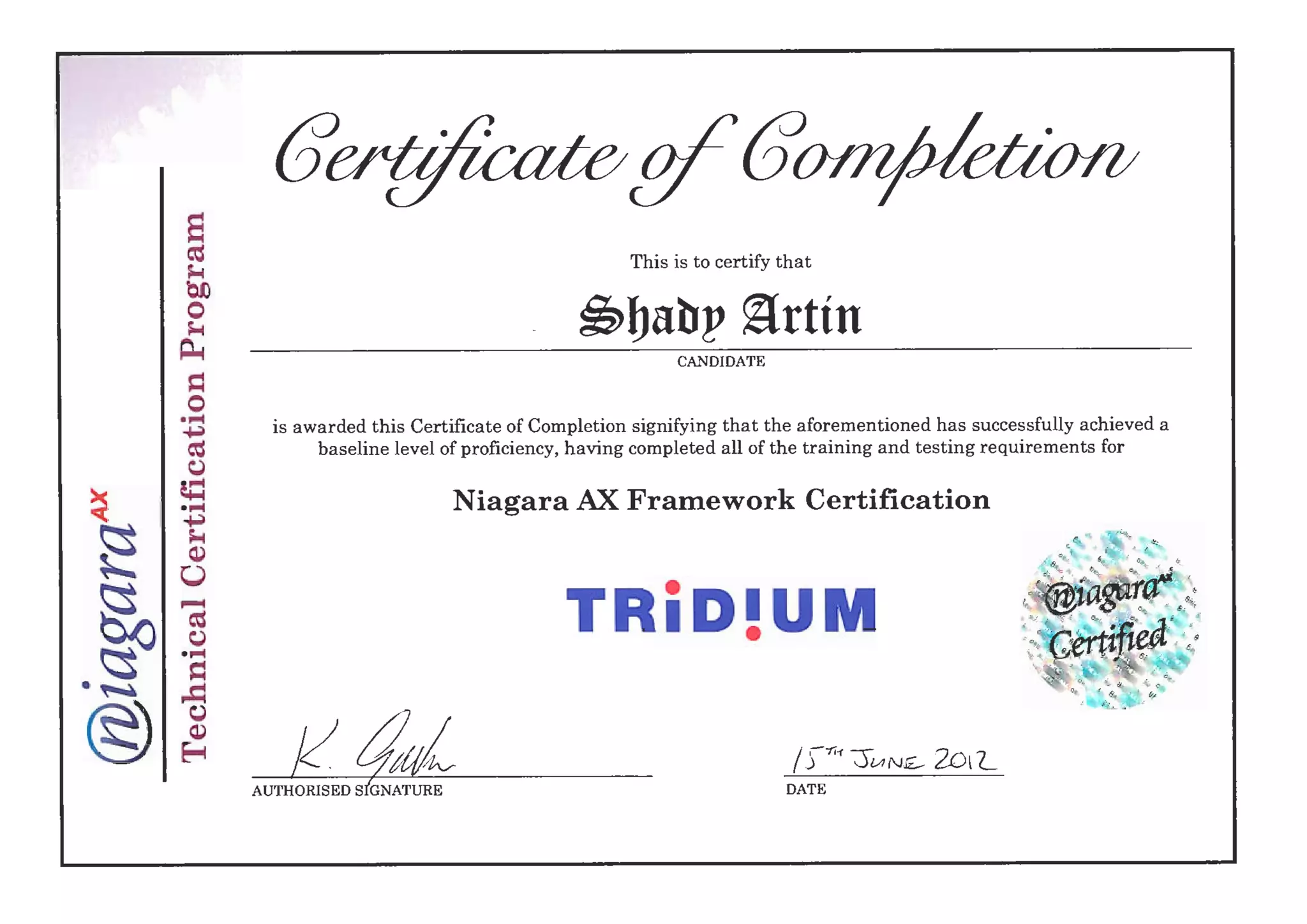 Tridium Certificate | PPT
