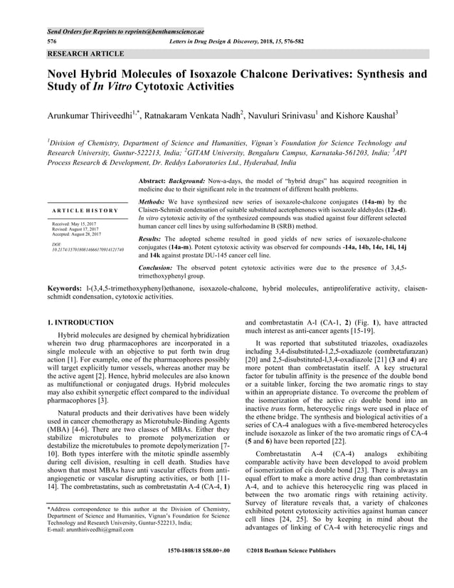 Novel Hybrid Molecules of Isoxazole Chalcone Derivatives: Synthesis and ...