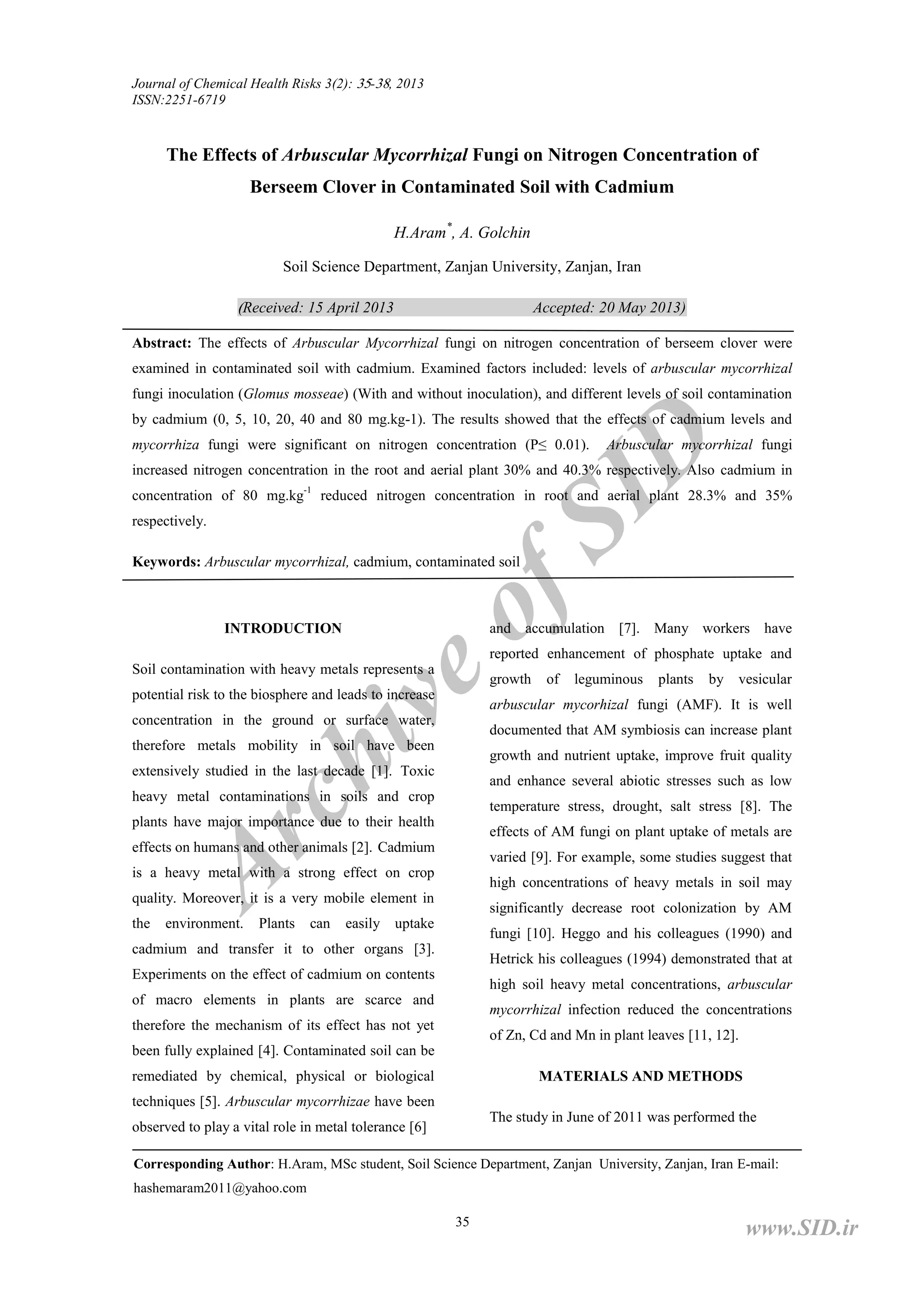 The Effects of Arbuscular Mycorrhizal Fungi on Nitrogen Concentration of Berseem Clover in ...
