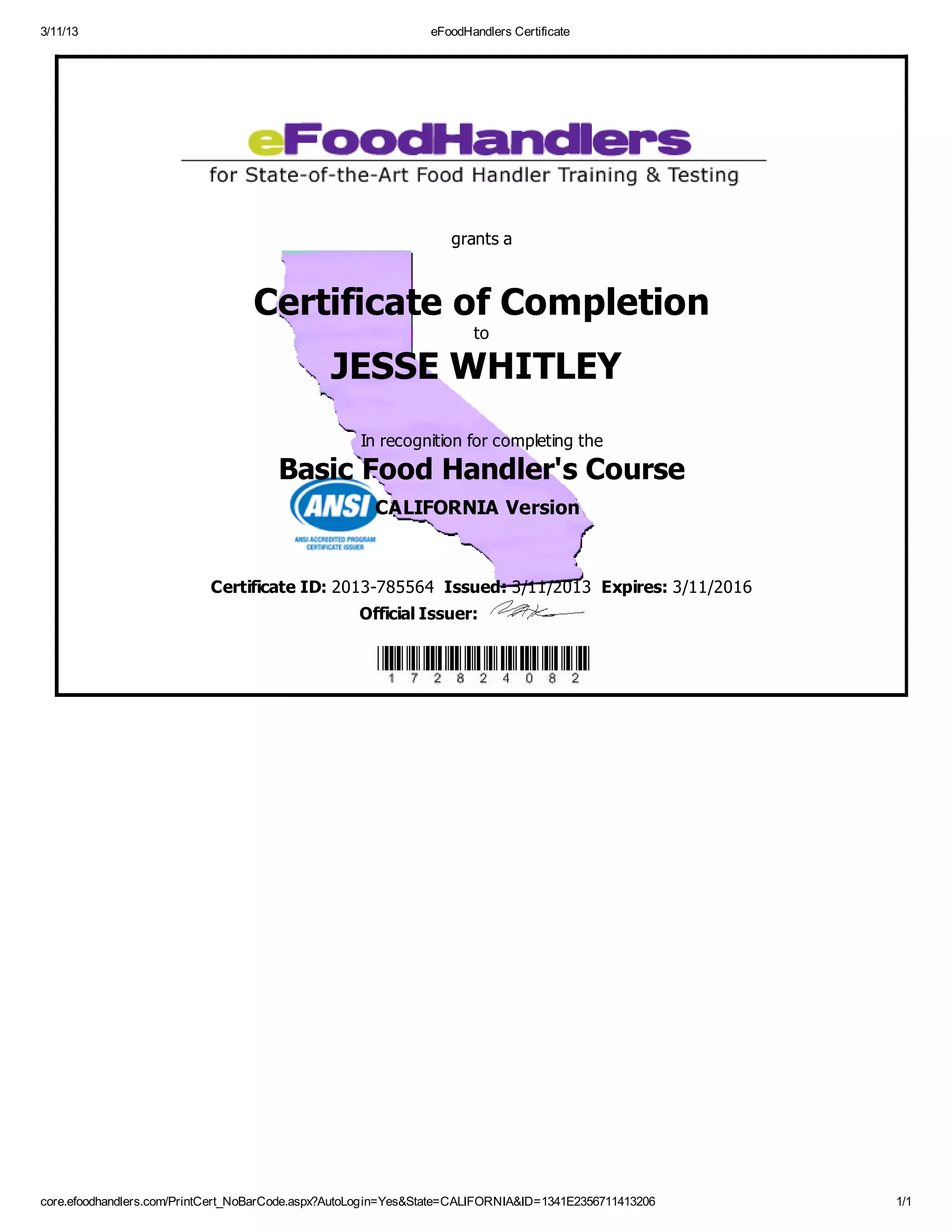 eFoodHandlers Certificate | PDF