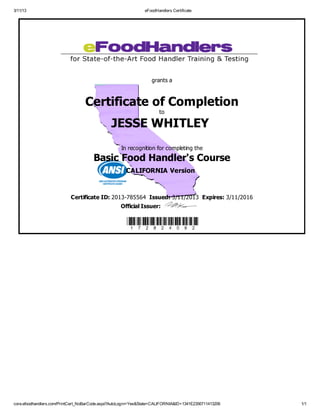 eFoodHandlers Certificate | PDF