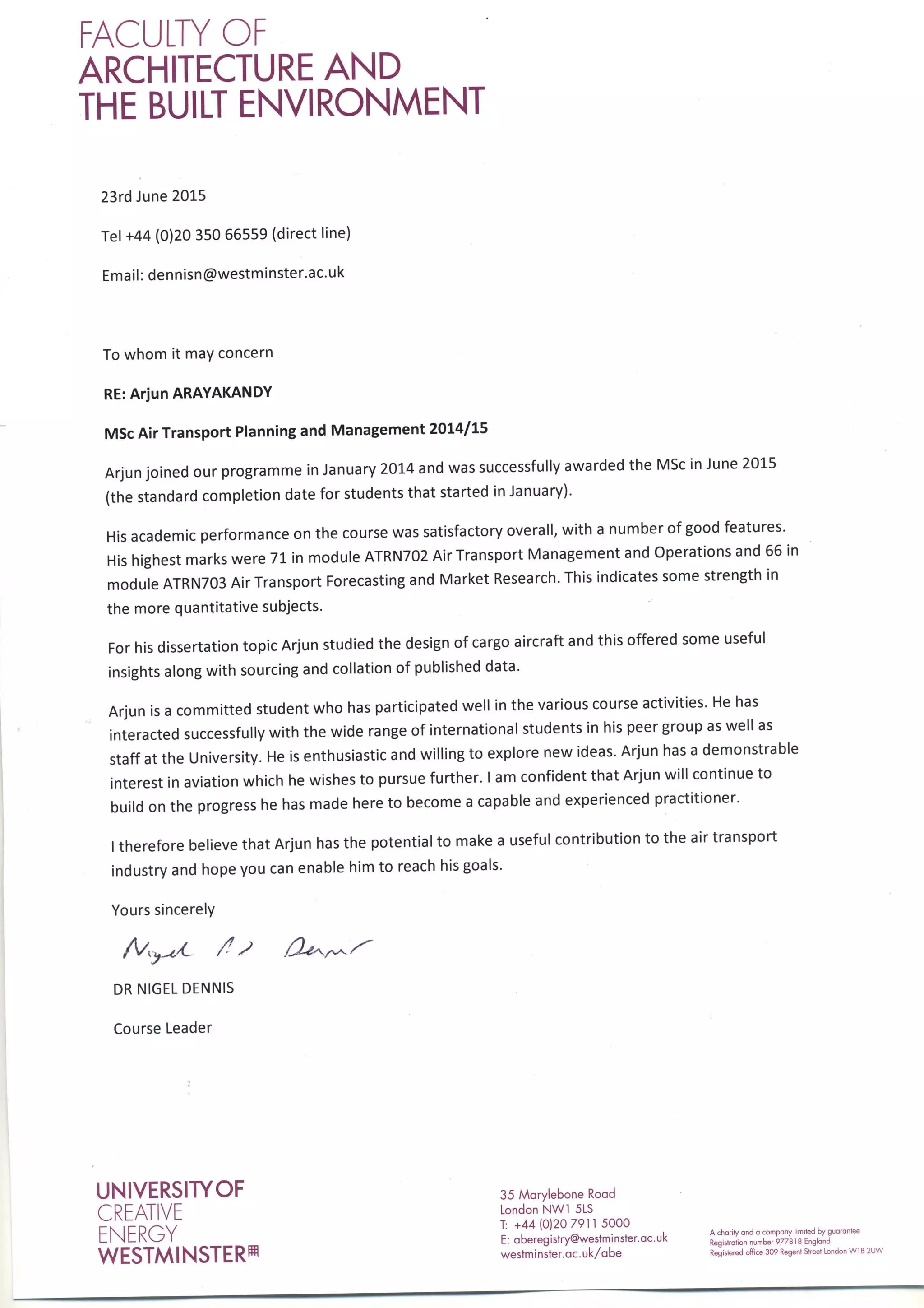Reference letter given by MSc course leader Dr.Nigel Dennis | PDF ...