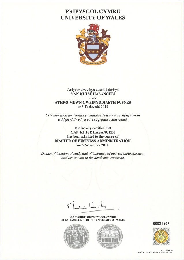 University of Wales certificate