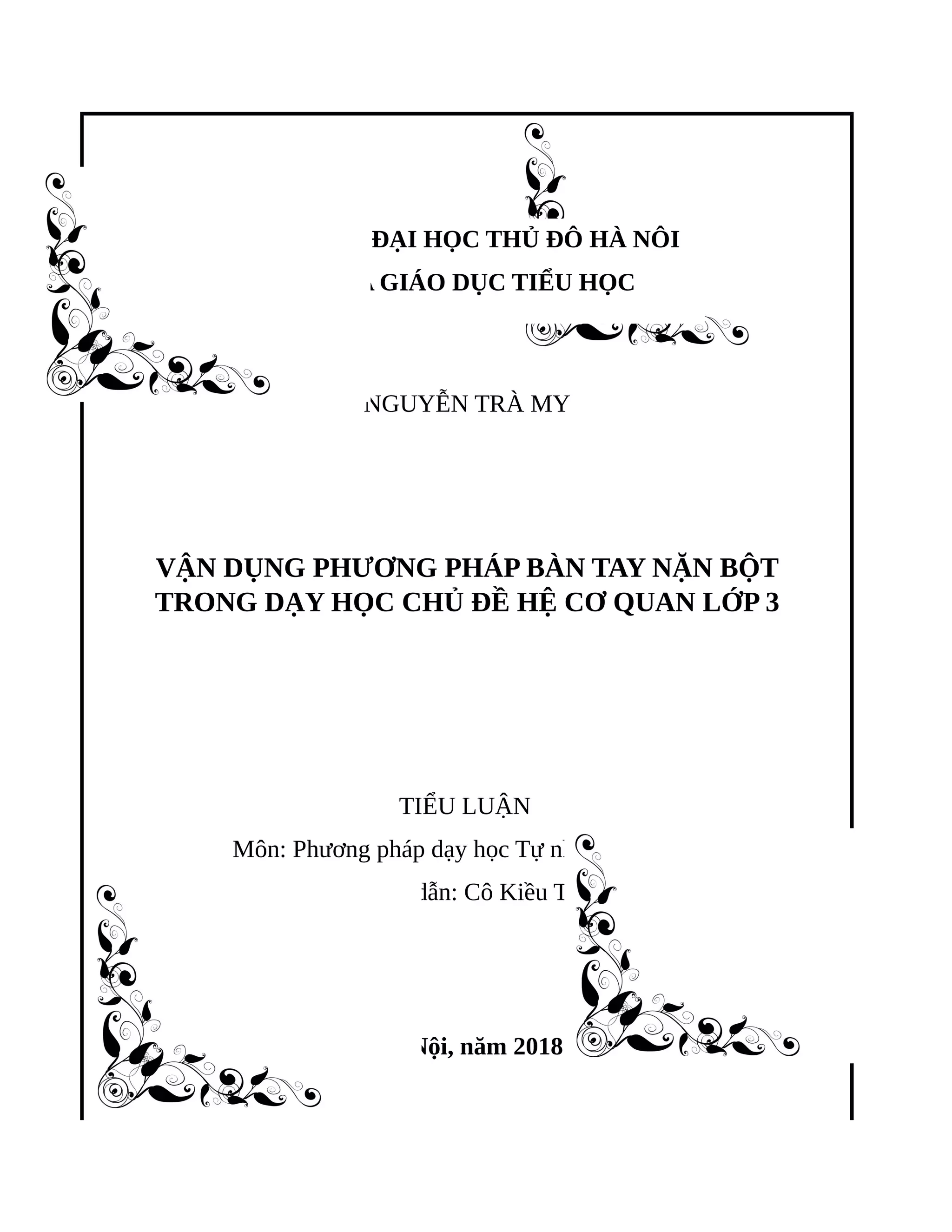 Tiểu luận: PP Bàn tay nặn bột trong dạy học TNXH chủ đề hệ cơ quan lớp 3 | PDF