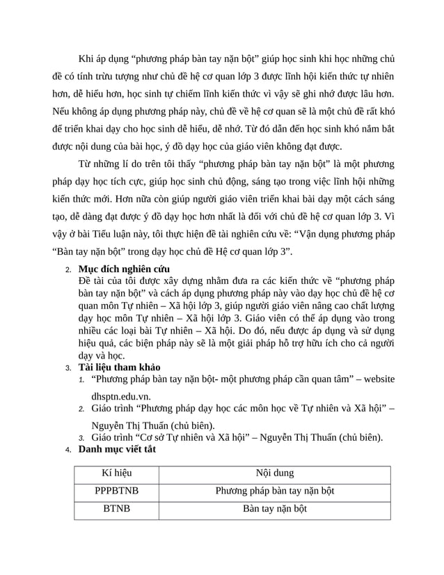 Tiểu luận: PP Bàn tay nặn bột trong dạy học TNXH chủ đề hệ cơ quan lớp 3 | PDF