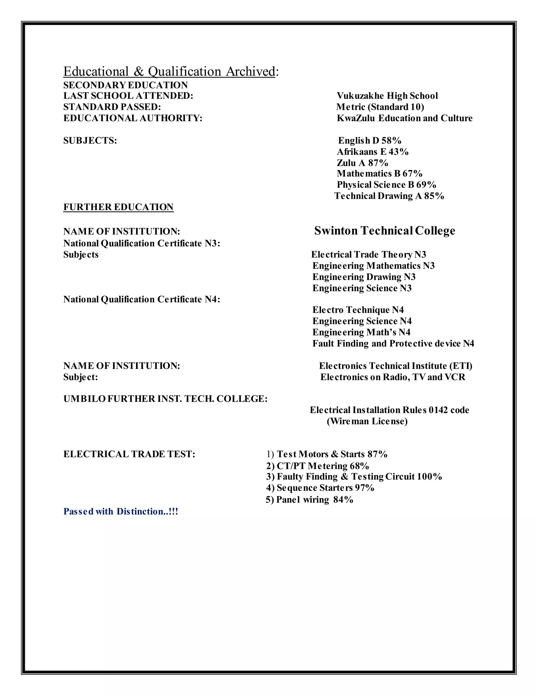 CURRICULUM VITAE Bongani | DOCX | Radio Control | Hobbies & Interests