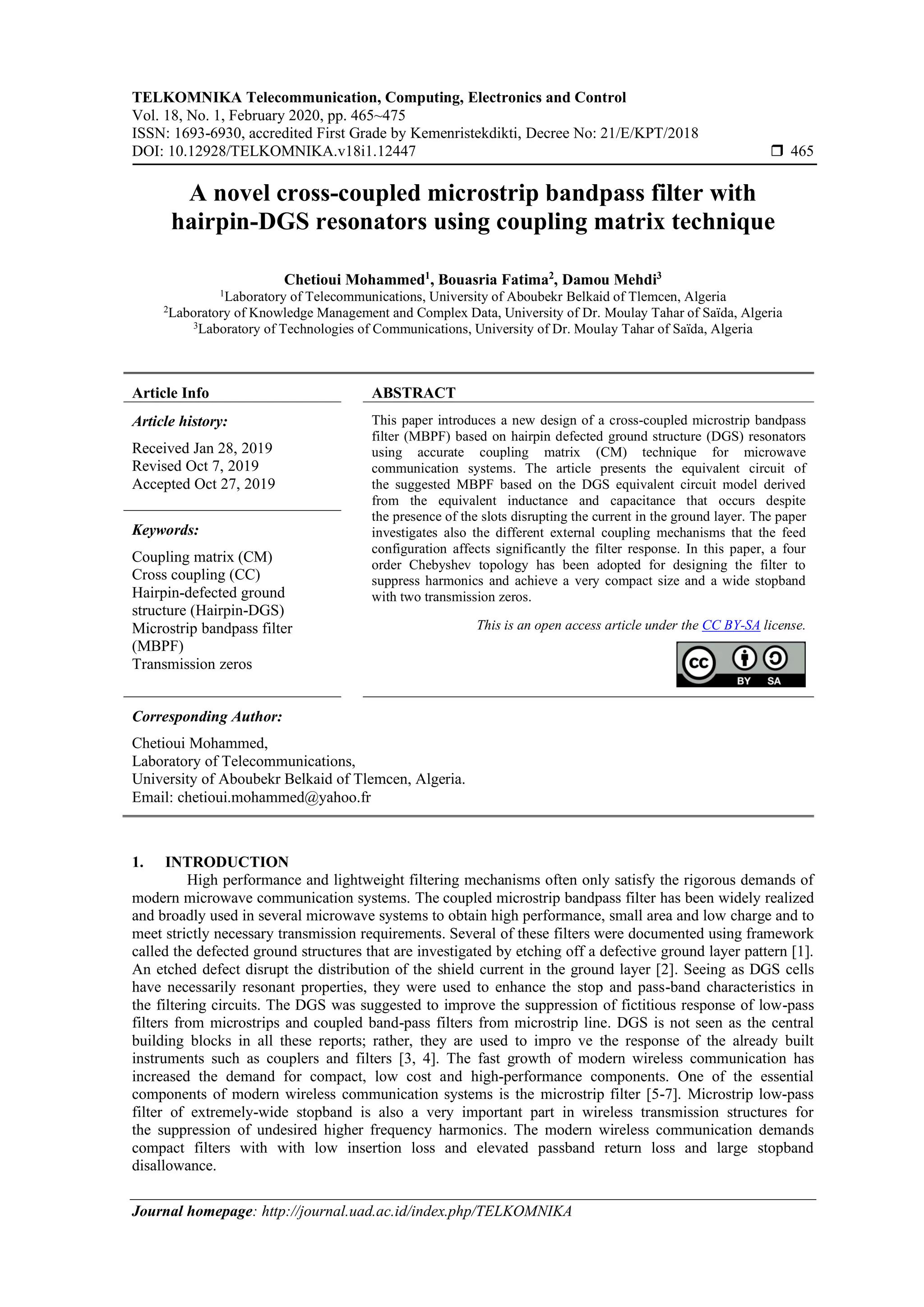 A novel cross-coupled microstrip bandpass filter with hairpin-DGS ...