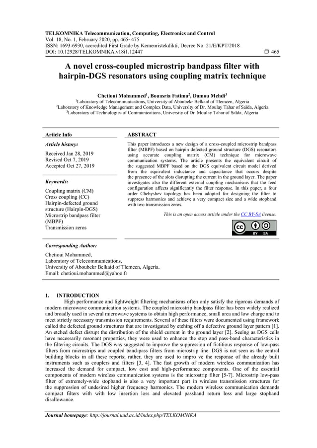 A novel cross-coupled microstrip bandpass filter with hairpin-DGS resonators using coupling ...