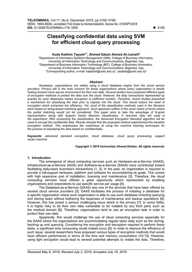 Classifying confidential data using SVM for efficient cloud query processing | PDF