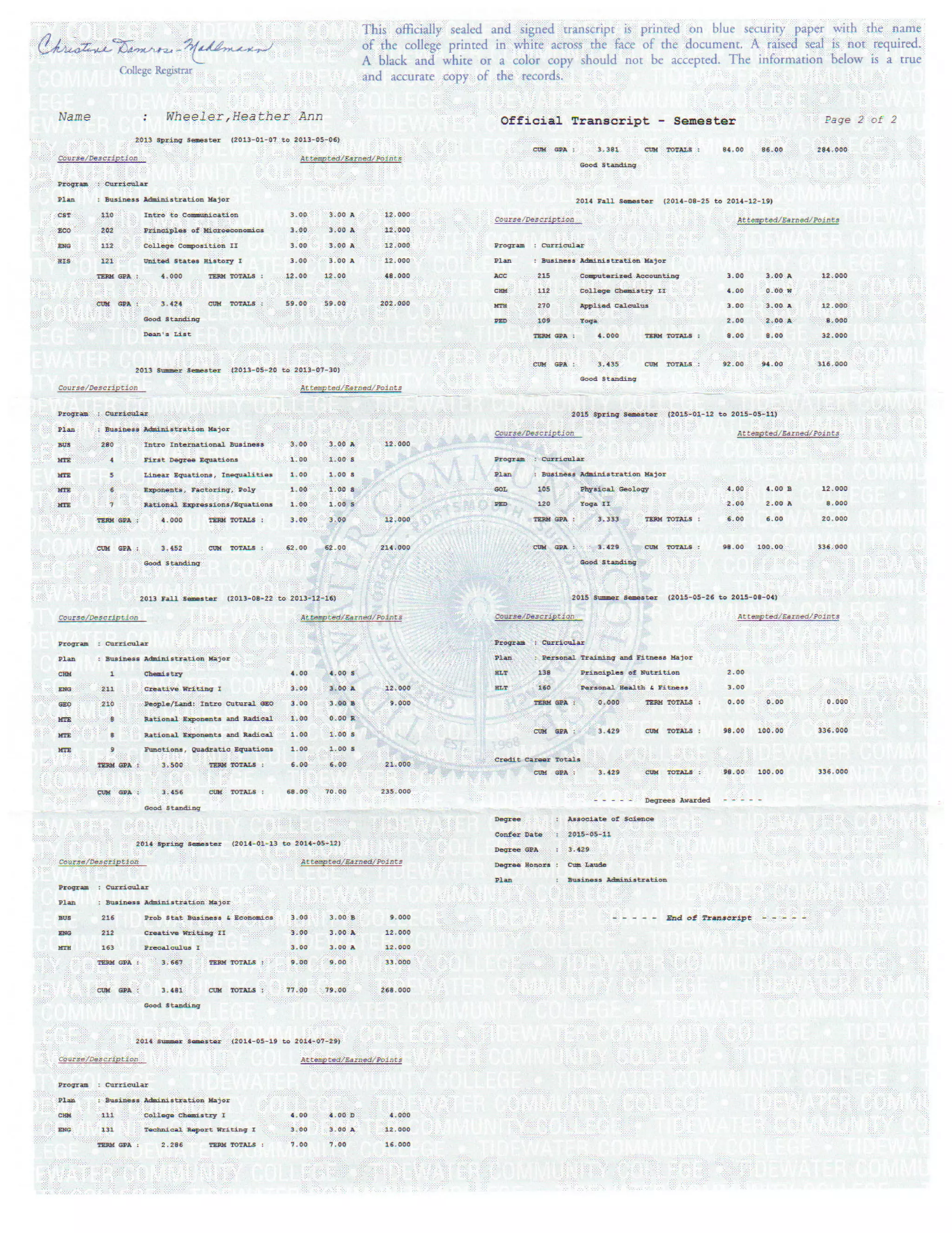 Official College Transcript 2015 | PDF