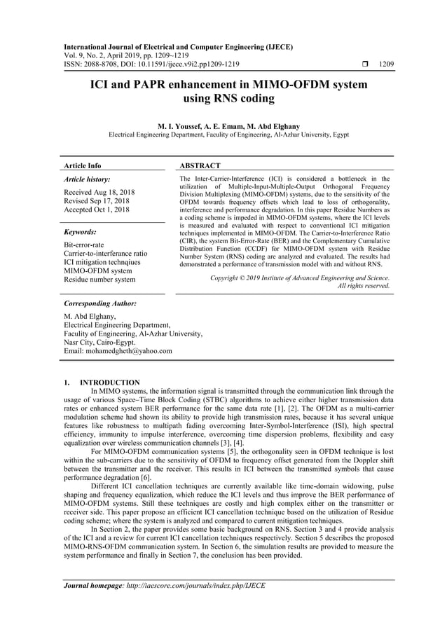 ICI and PAPR enhancement in MIMO-OFDM system using RNS coding | PDF