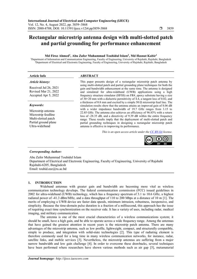 Rectangular microstrip antenna design with multi-slotted patch and partial grounding for ...