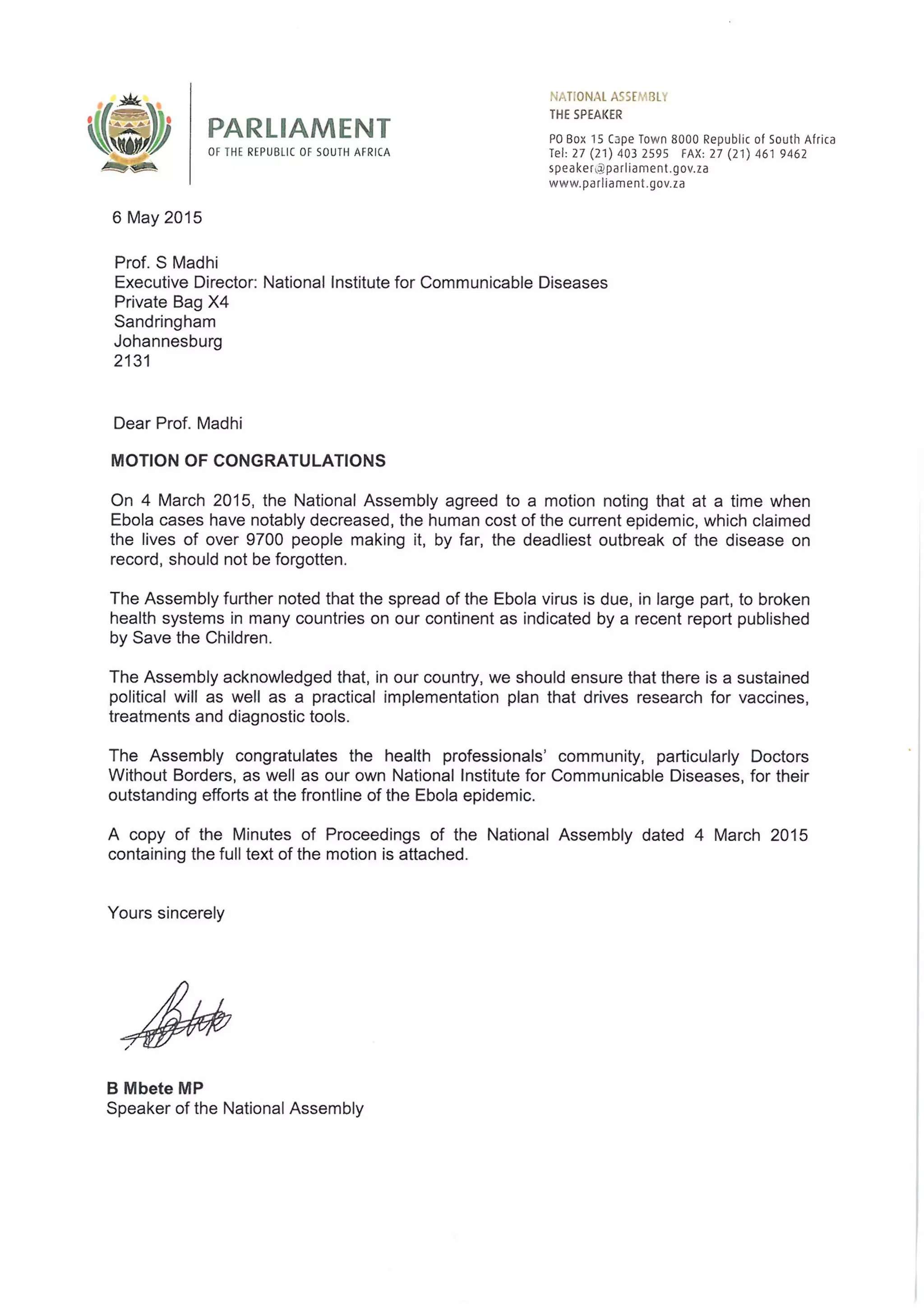 Parliament. Motion of Congratulations Letter.NICD.250515 | PDF