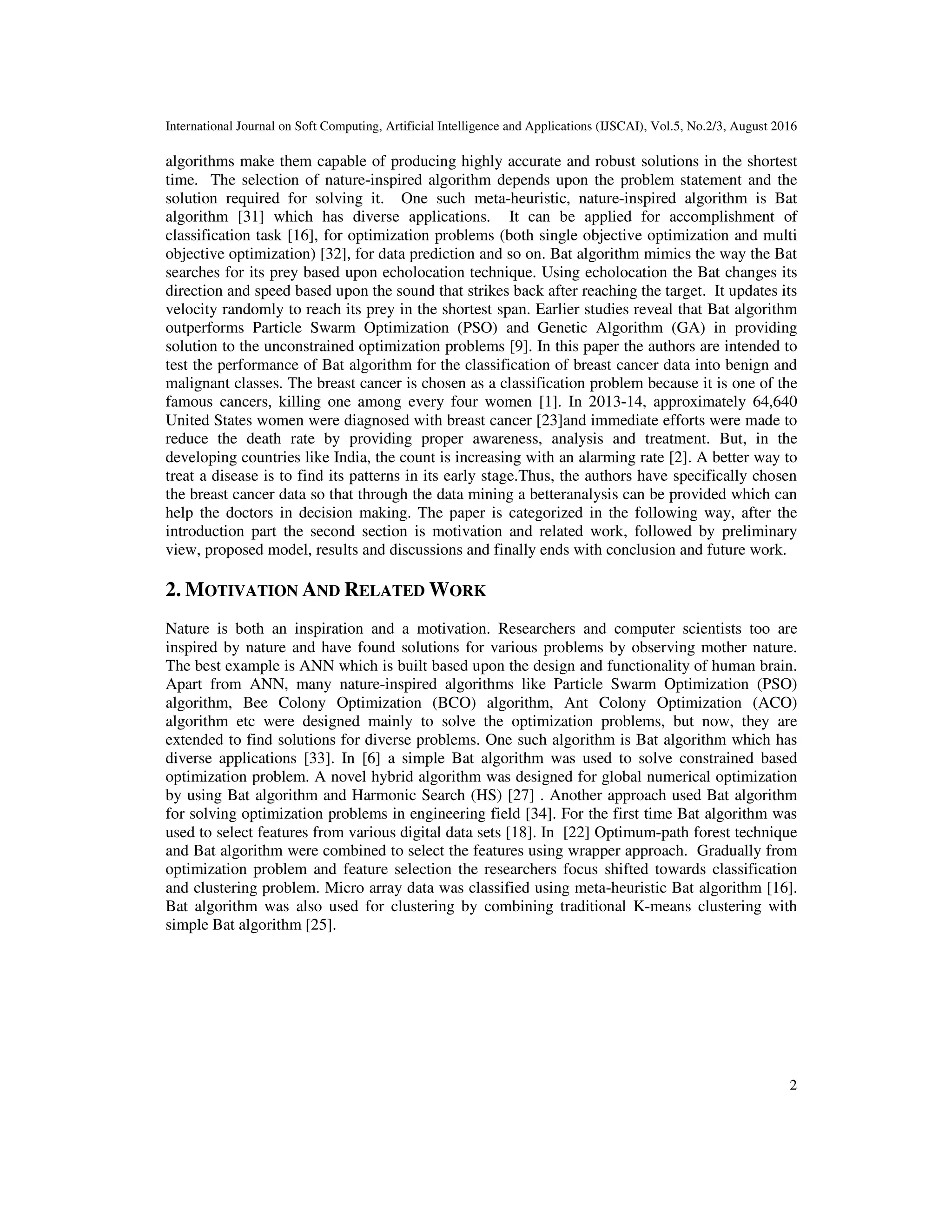 A Binary Bat Inspired Algorithm for the Classification of Breast Cancer Data | PDF