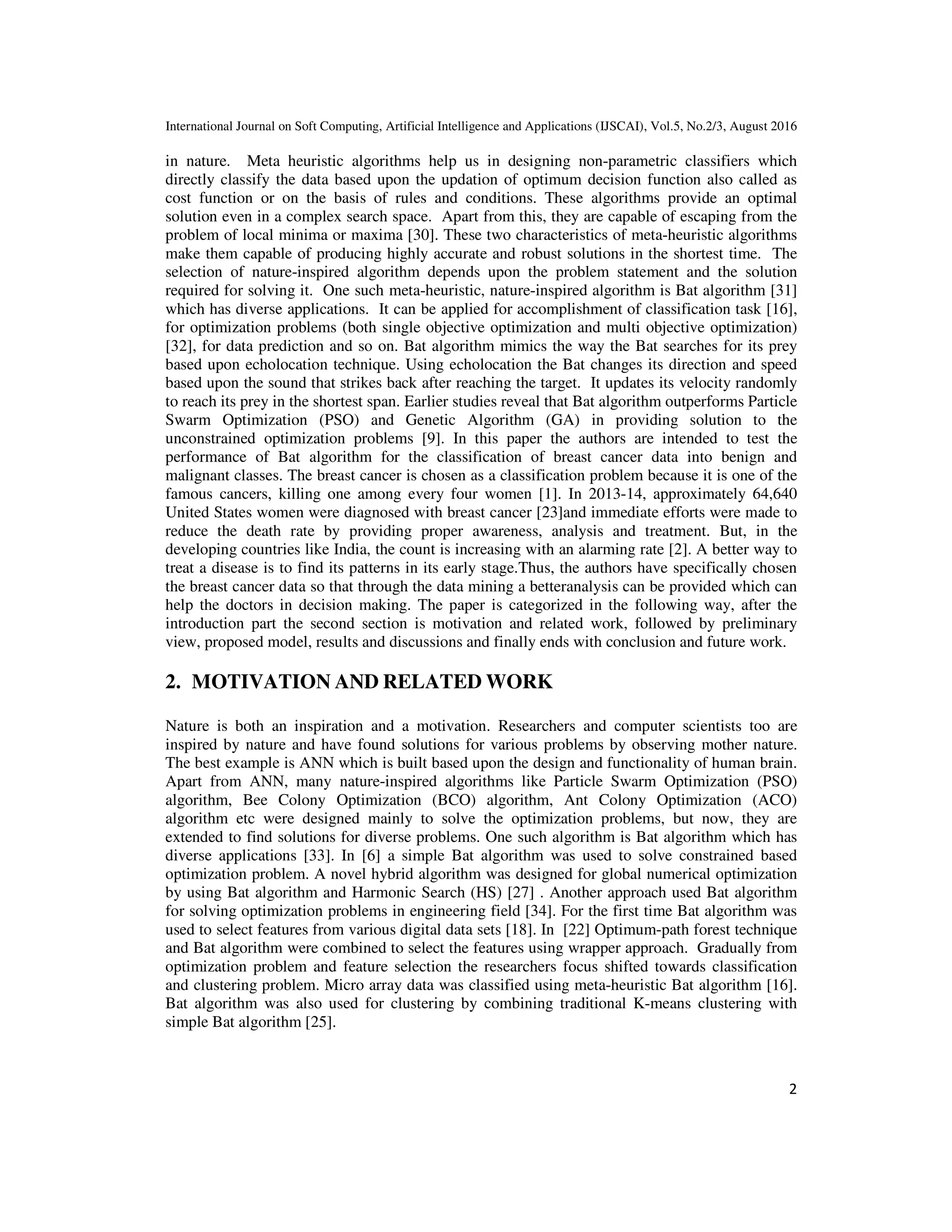 A BINARY BAT INSPIRED ALGORITHM FOR THE CLASSIFICATION OF BREAST CANCER ...