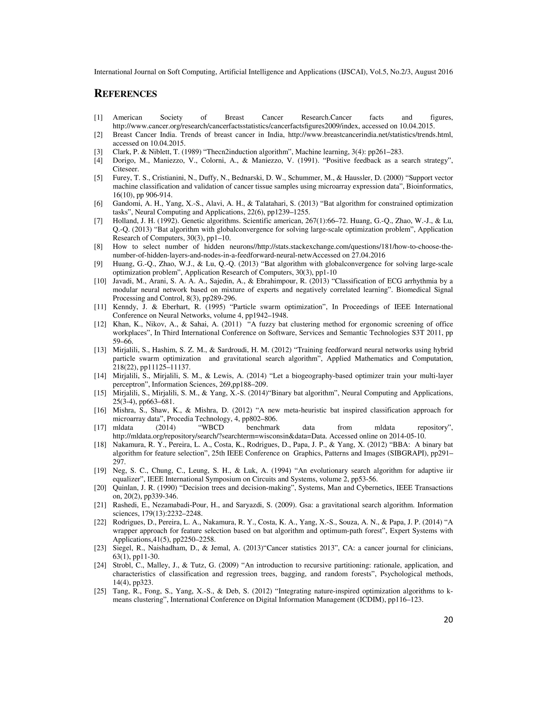 A BINARY BAT INSPIRED ALGORITHM FOR THE CLASSIFICATION OF BREAST CANCER ...